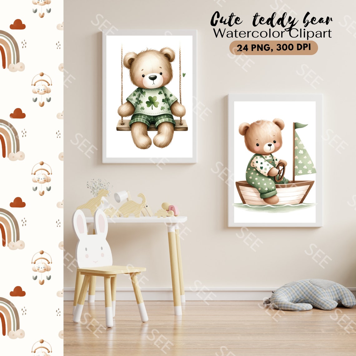 Green Teddy Bear Clipart, Boho Bears, Watercolor Teddy Bear Clipart ...