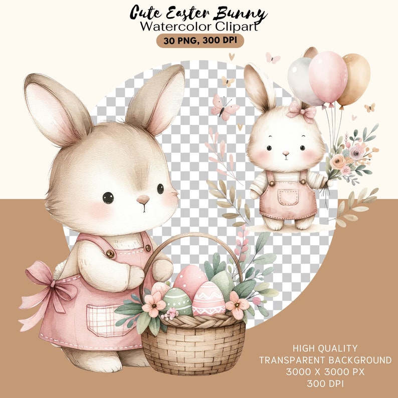 Cute Easter Bunny Clipart, Boho Bunny Clipart, Pastel Watercolor ...