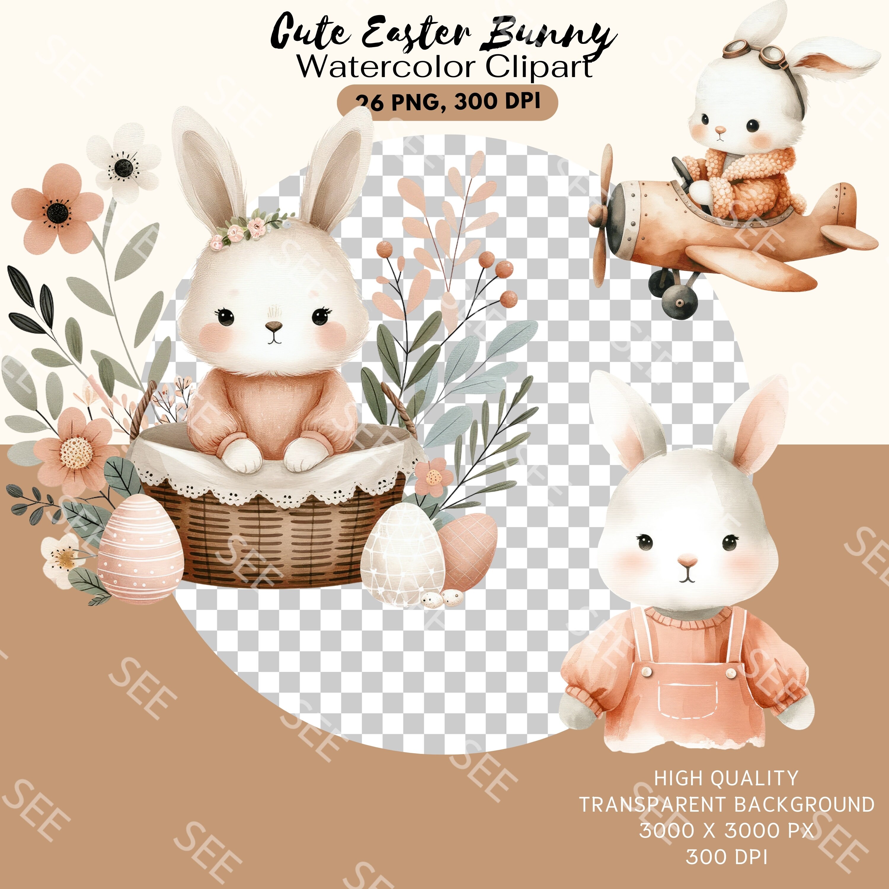Cute Easter Bunny Clipart, Boho Bunny Clipart, Pastel Watercolor ...