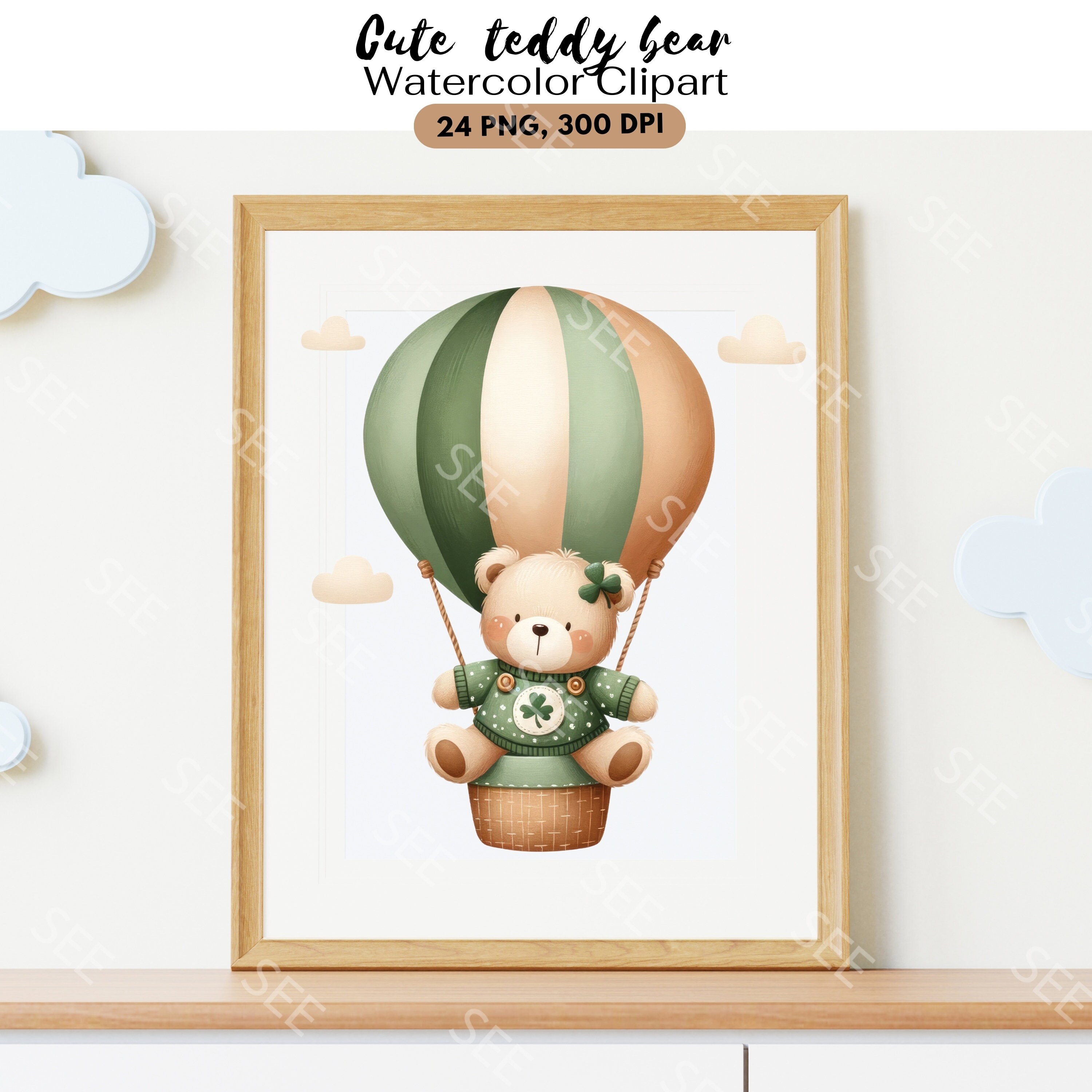Green Teddy Bear Clipart, Boho Bears, Watercolor Teddy Bear Clipart ...