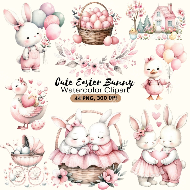 Cute Easter Bunny Clipart, Pastel Watercolor, Spring Bunnies,bunny Baby ...