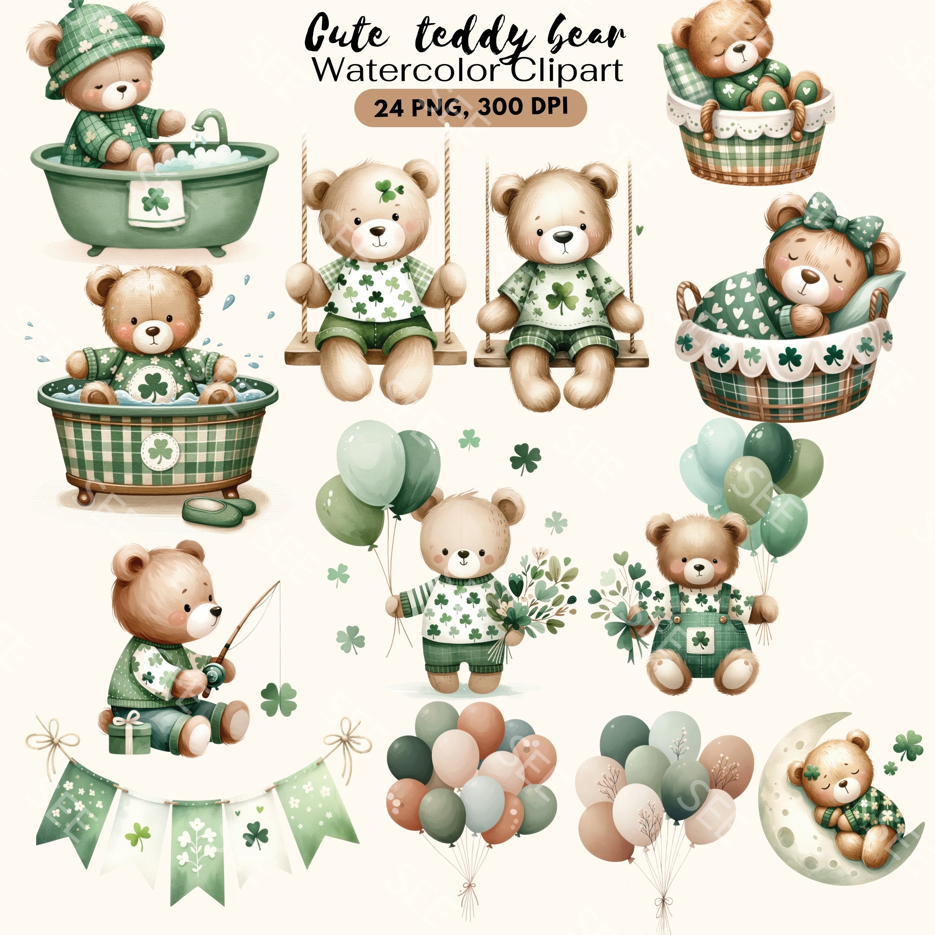 Green Teddy Bear Clipart, Boho Bears, Watercolor Teddy Bear Clipart ...