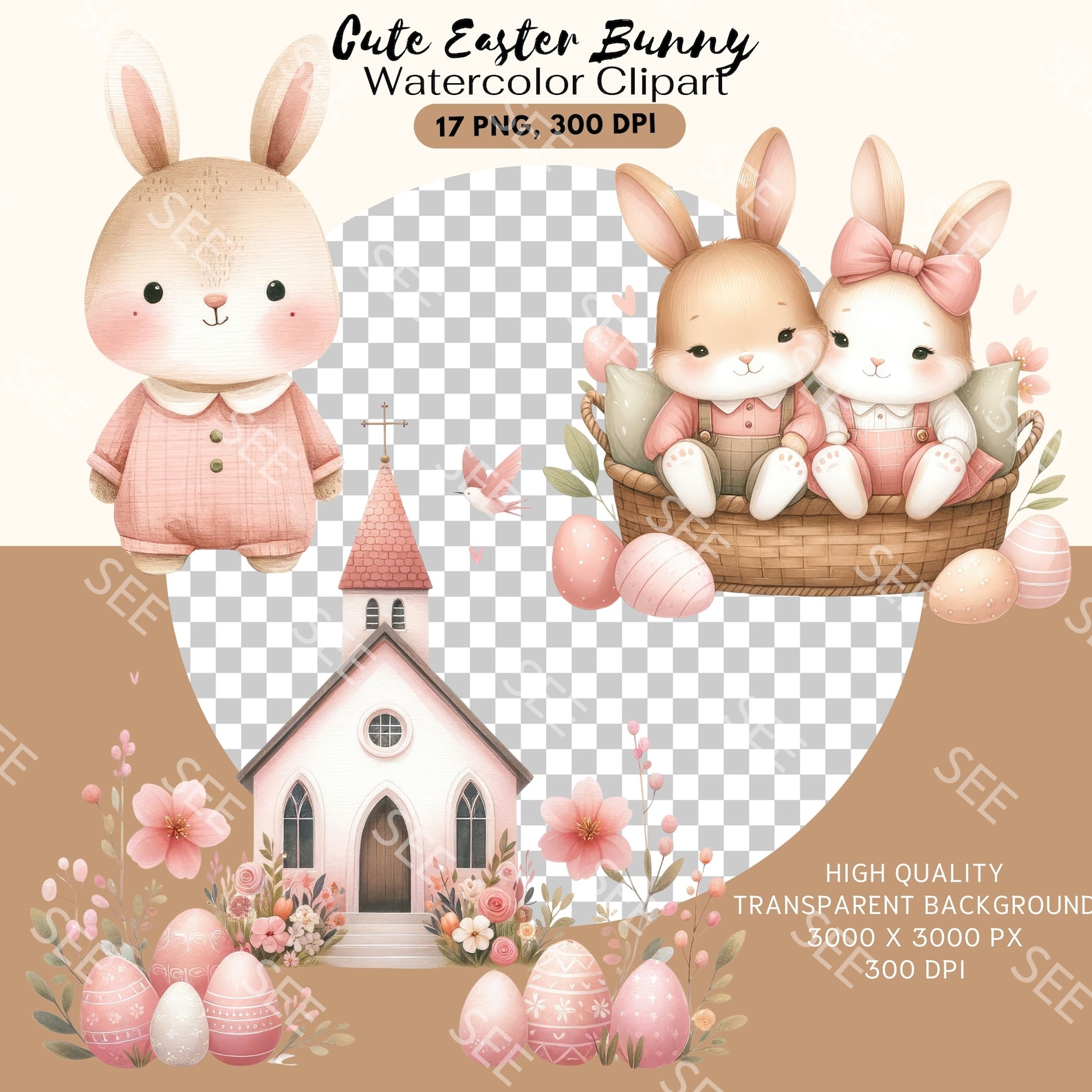 Cute Easter Bunny Clipart, Boho Bunny Clipart, Pastel Watercolor ...