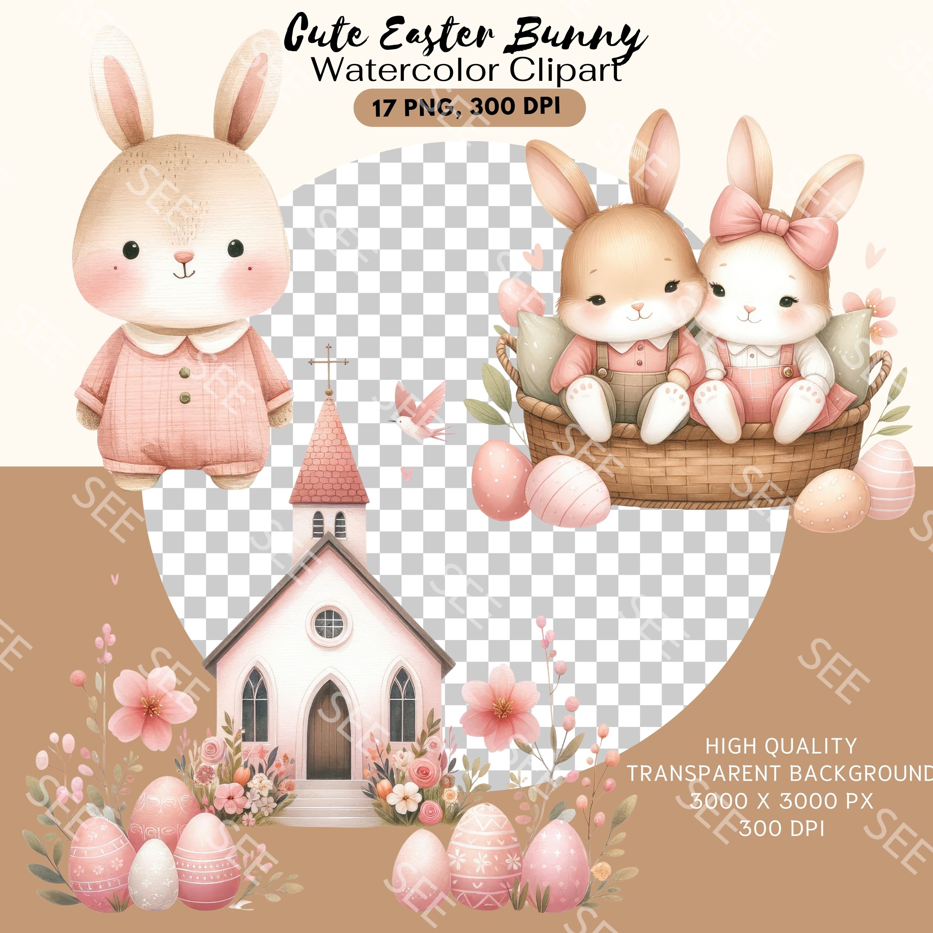 Cute Easter Bunny Clipart, Boho Bunny Clipart, Pastel Watercolor ...