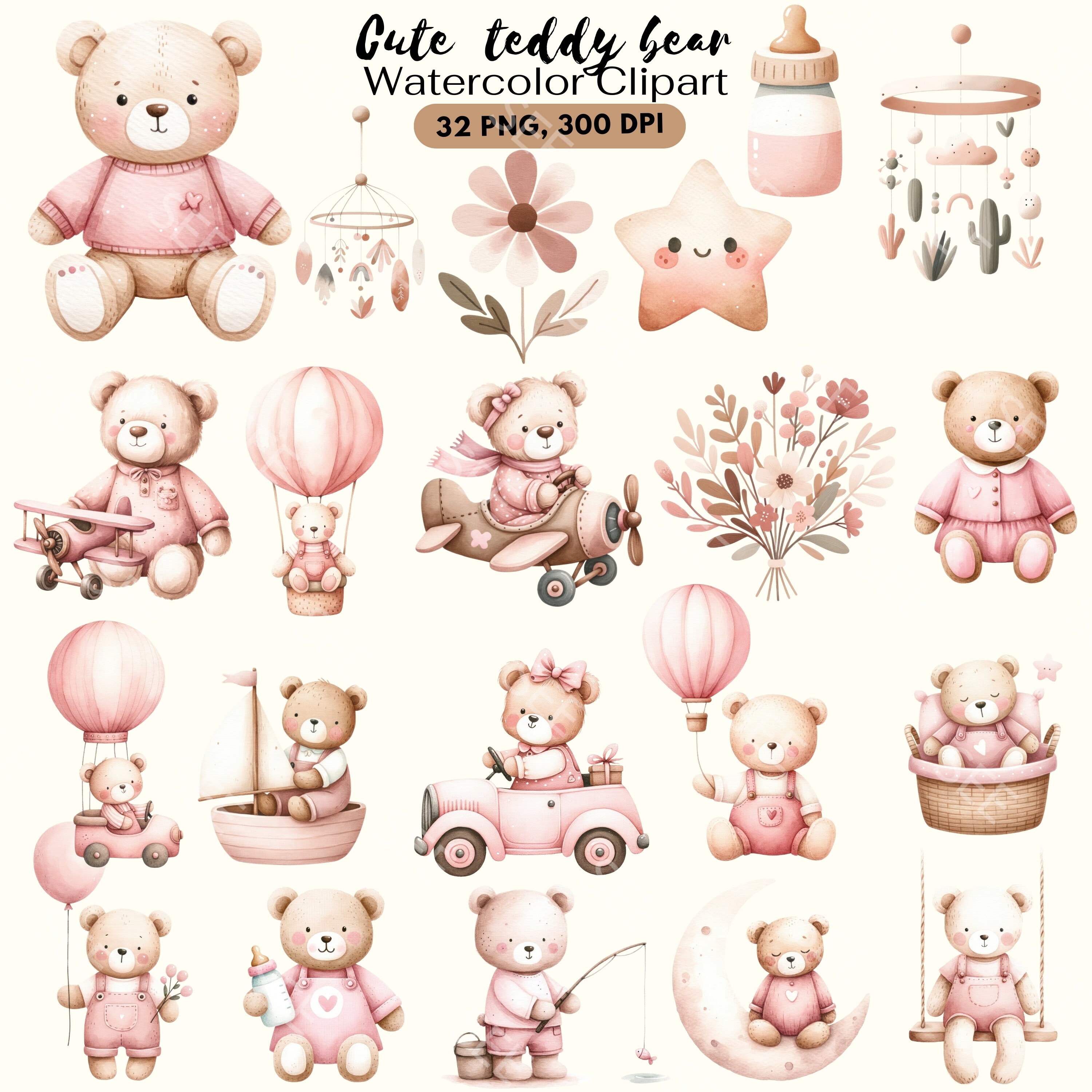 Sweet Baby Girl Teddy Bear Clipart, Watercolor Clipart, Teddy Bear ...
