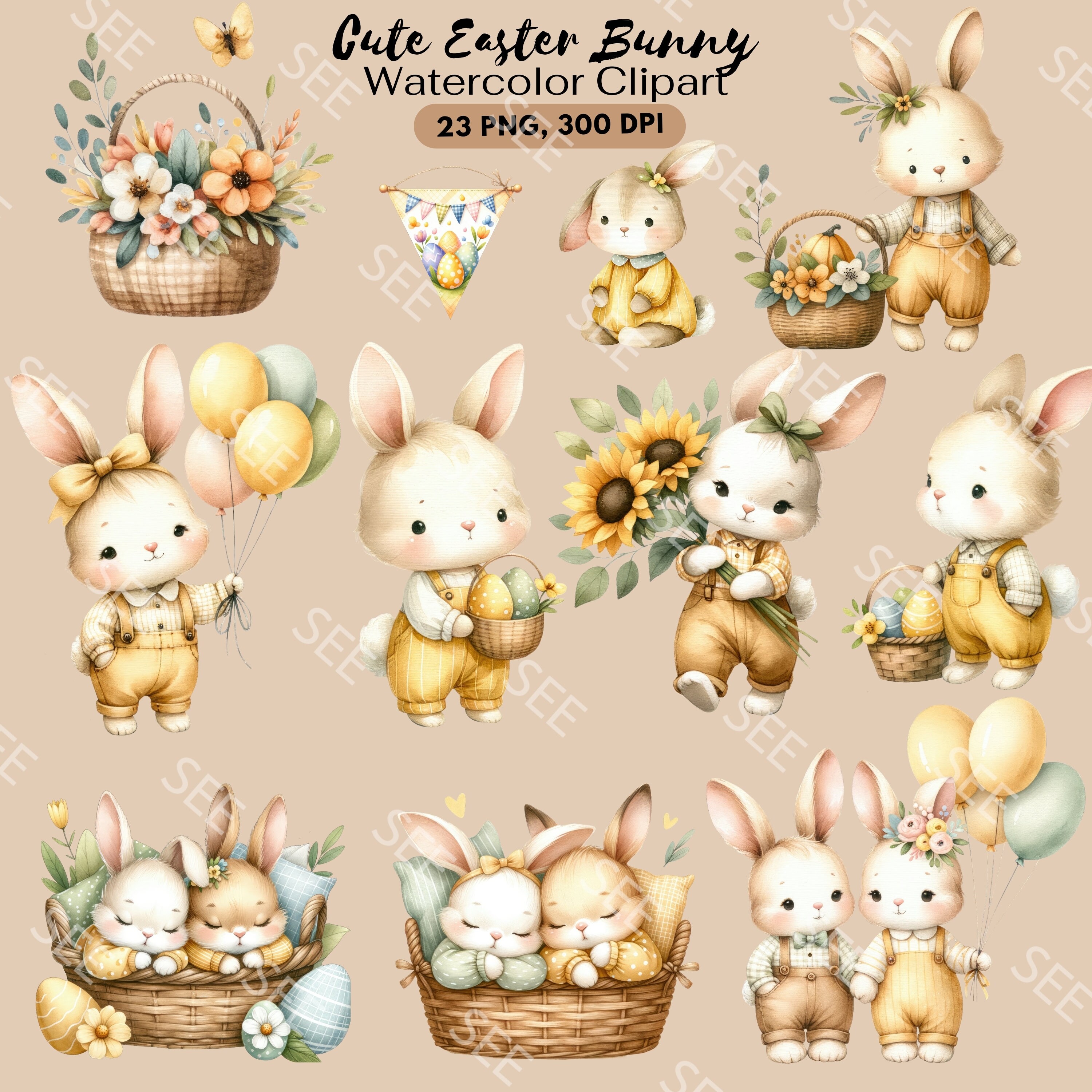 Easter Watercolor Clipart, Boho Bunny Clipart, Pastel Watercolor ...