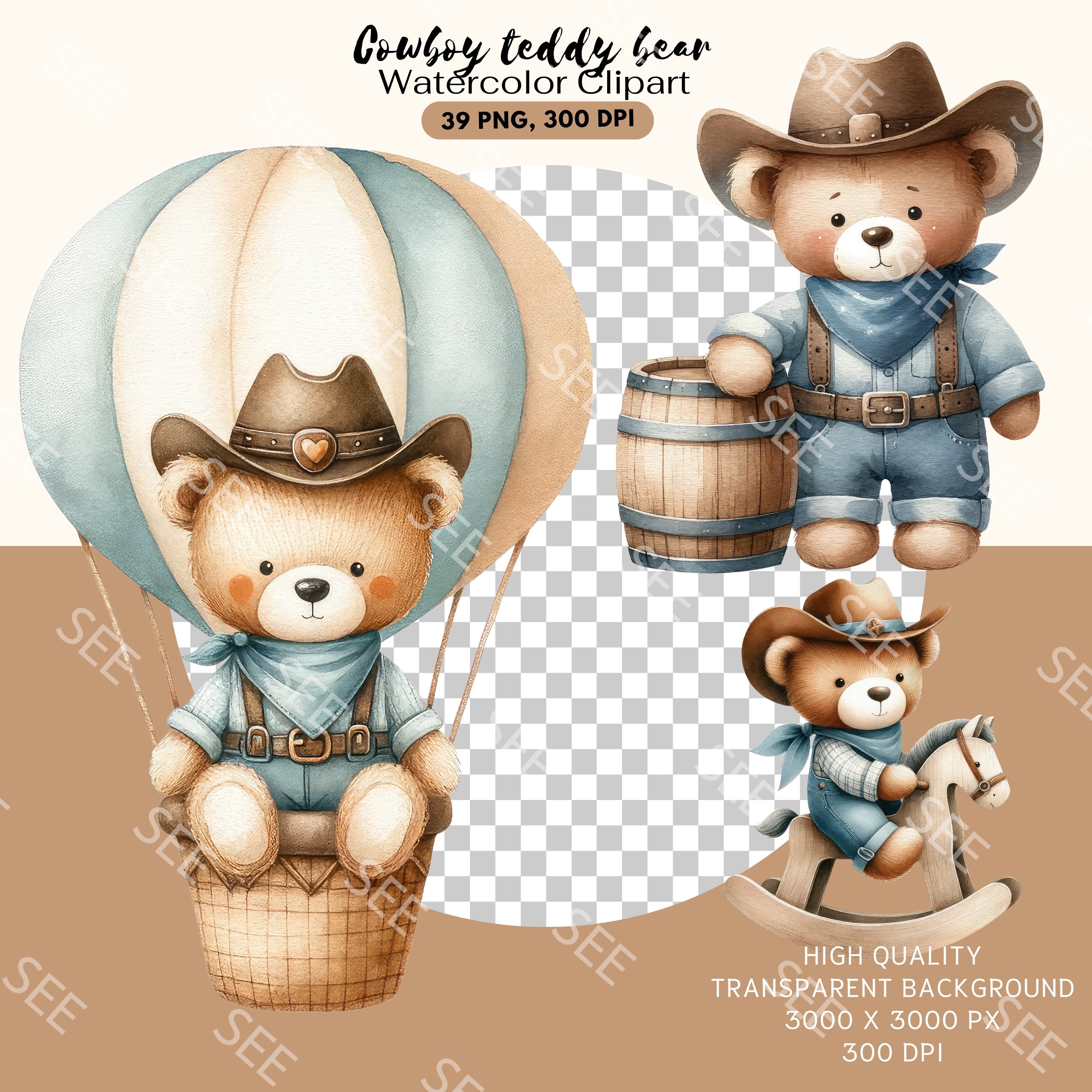 Watercolor Cowboy Teddy Bear Clipart Bundle, Teddy Bear Clipart, Baby ...