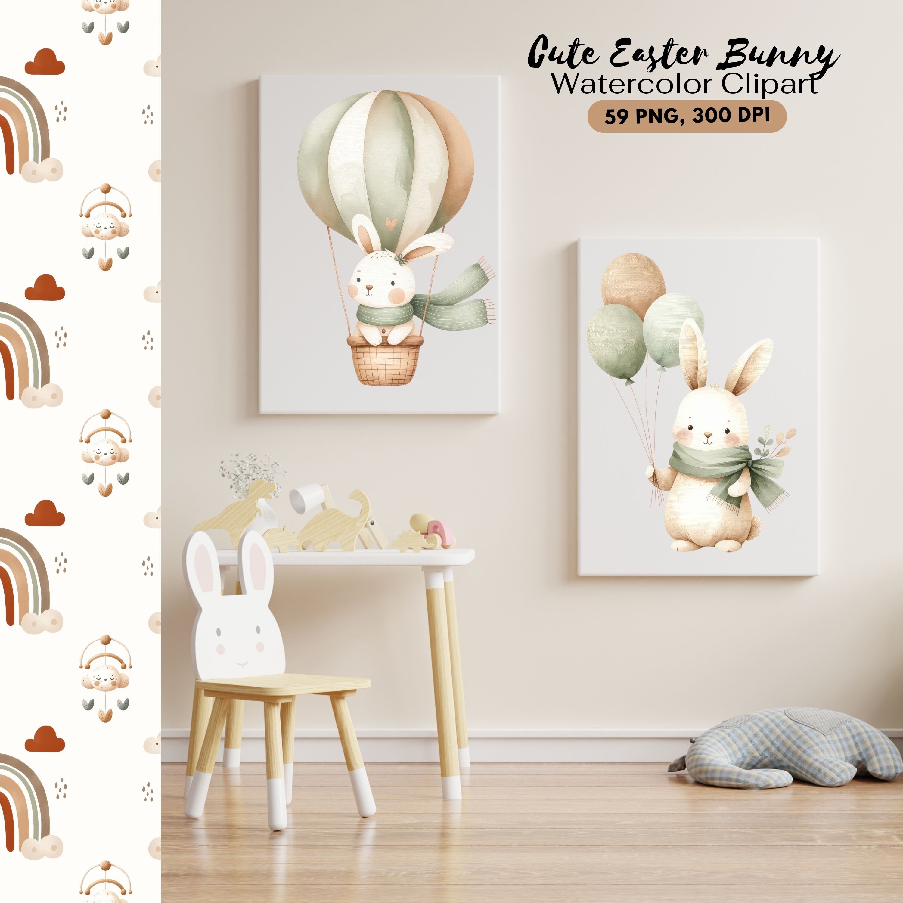 Cute Easter Bunny Clipart, Boho Bunny Clipart, Pastel Watercolor ...