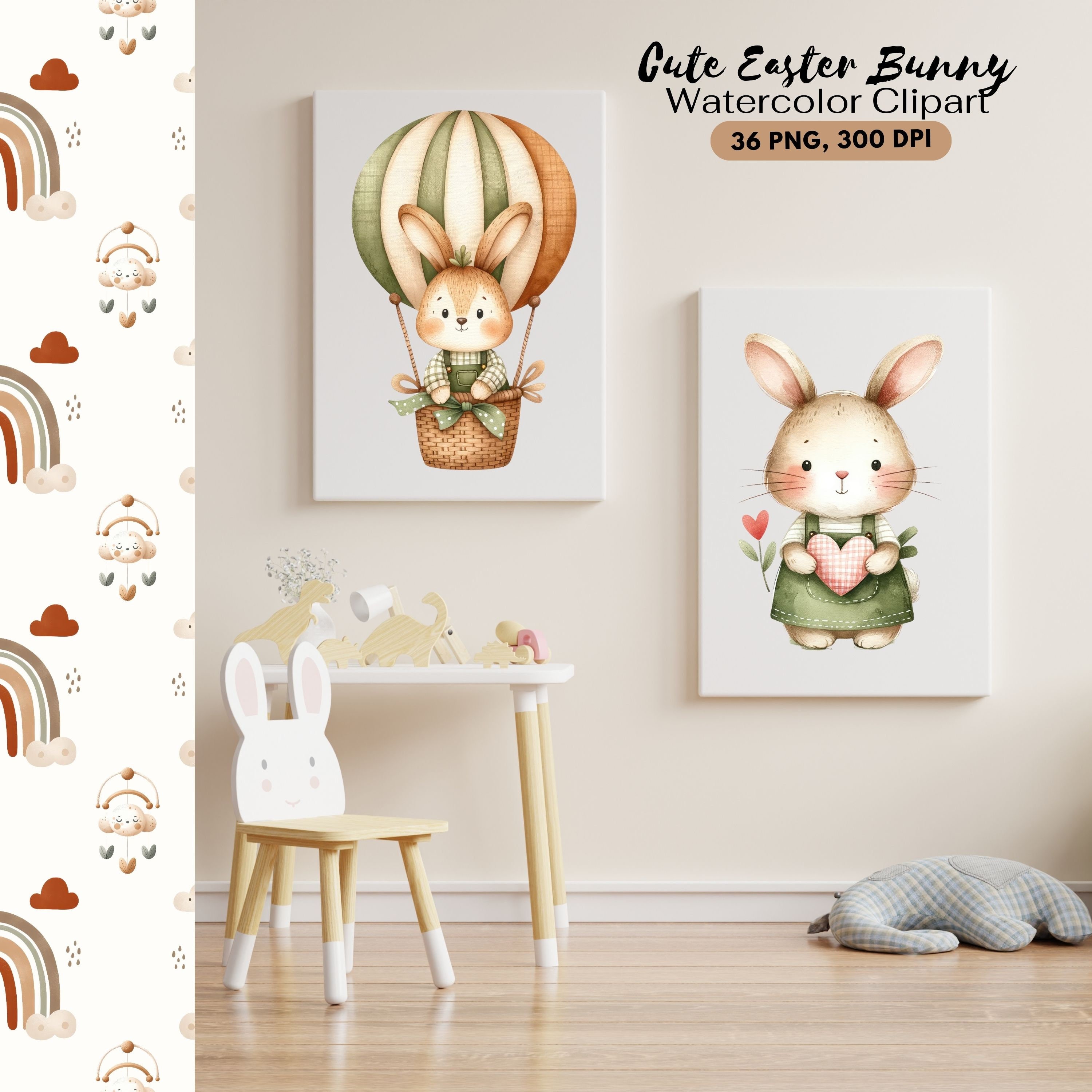 Cute Easter Bunny Clipart, Boho Bunny Clipart, Pastel Watercolor ...