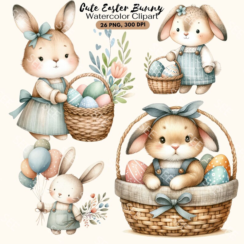 Cute Easter Bunny Clipart, Boho Bunny Clipart, Pastel Watercolor ...