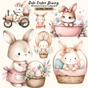 Cute Easter Bunny Clipart, Boho Bunny Clipart, Pastel Watercolor ...