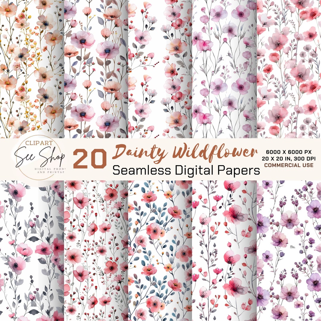 20 Dainty Wildflower Patterns, Wildflower Seamless Patterns Set, Flower ...