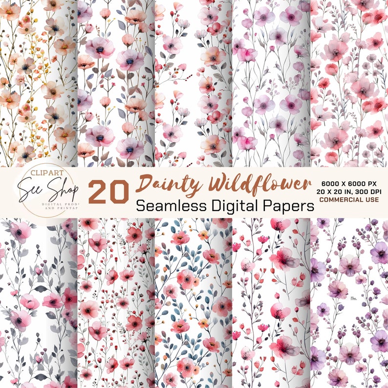20 Dainty Wildflower Patterns, Wildflower Seamless Patterns Set, Flower ...