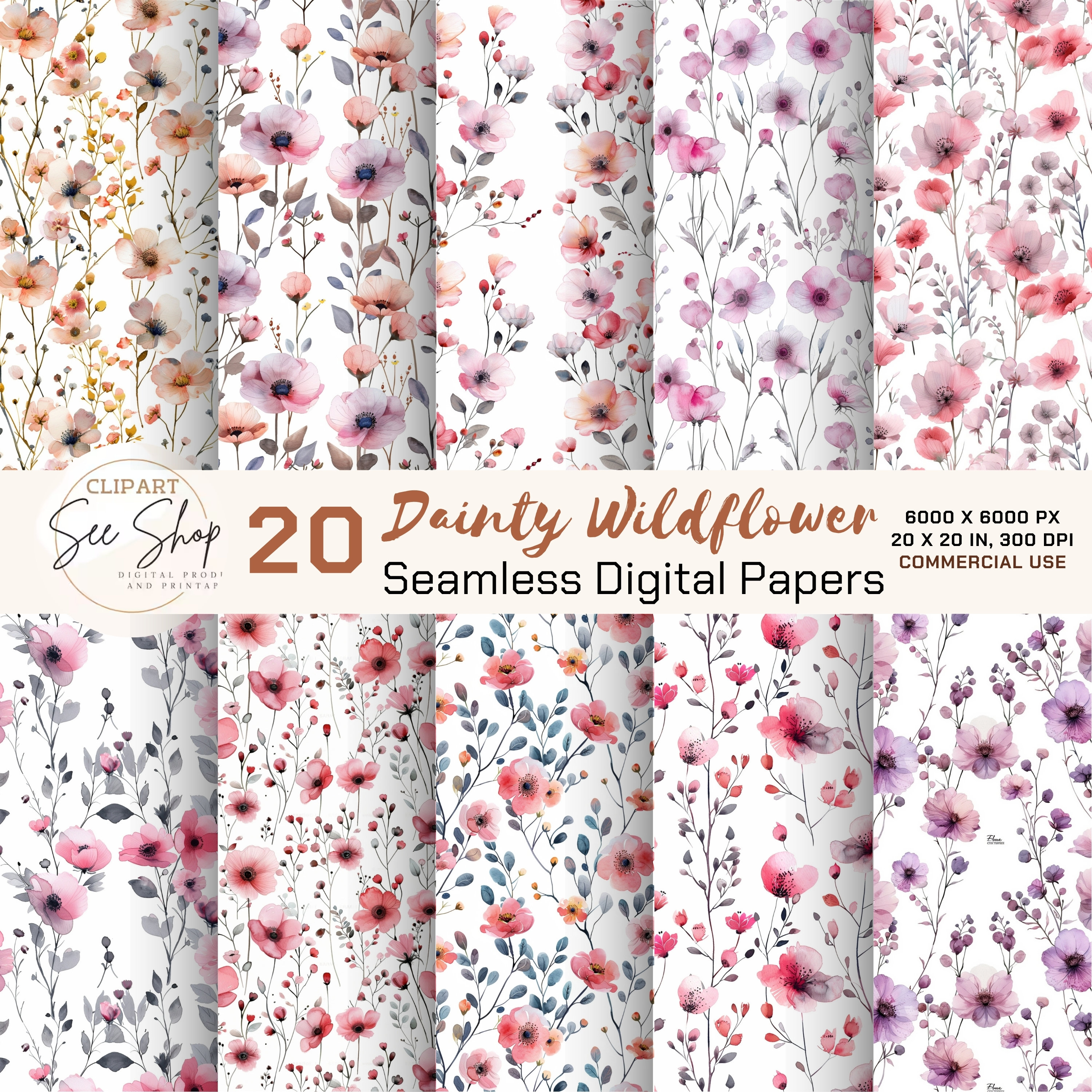 20 Dainty Wildflower Patterns, Wildflower Seamless Patterns Set, Flower ...