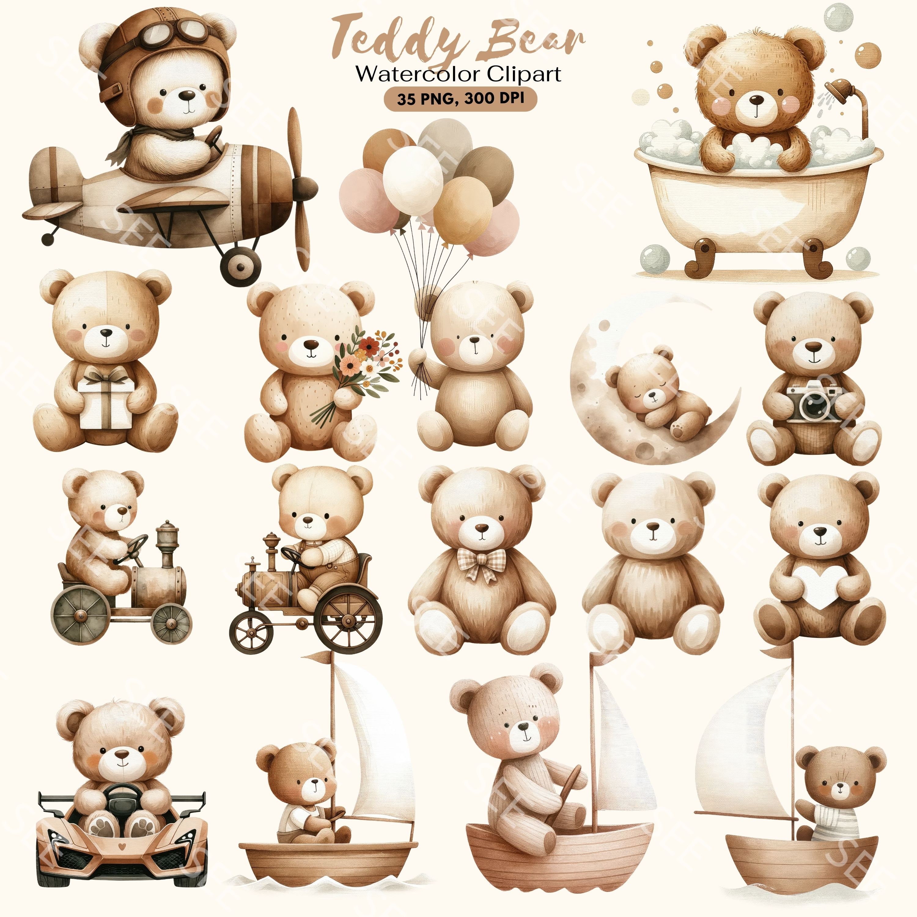 Watercolor Teddy Bear Clipart, Baby Shower Clipart, Boho Teddy Bear ...
