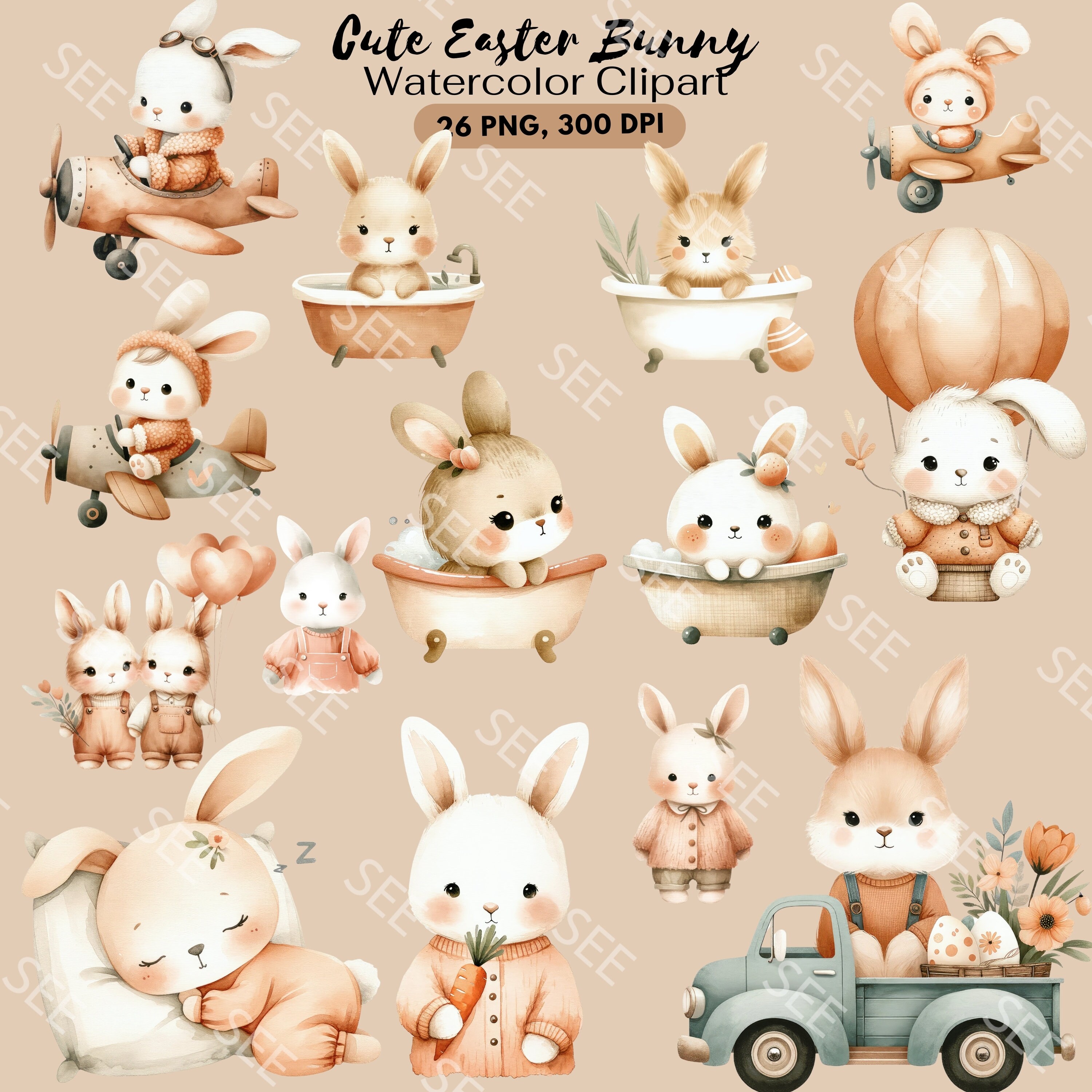 Cute Easter Bunny Clipart, Boho Bunny Clipart, Pastel Watercolor ...