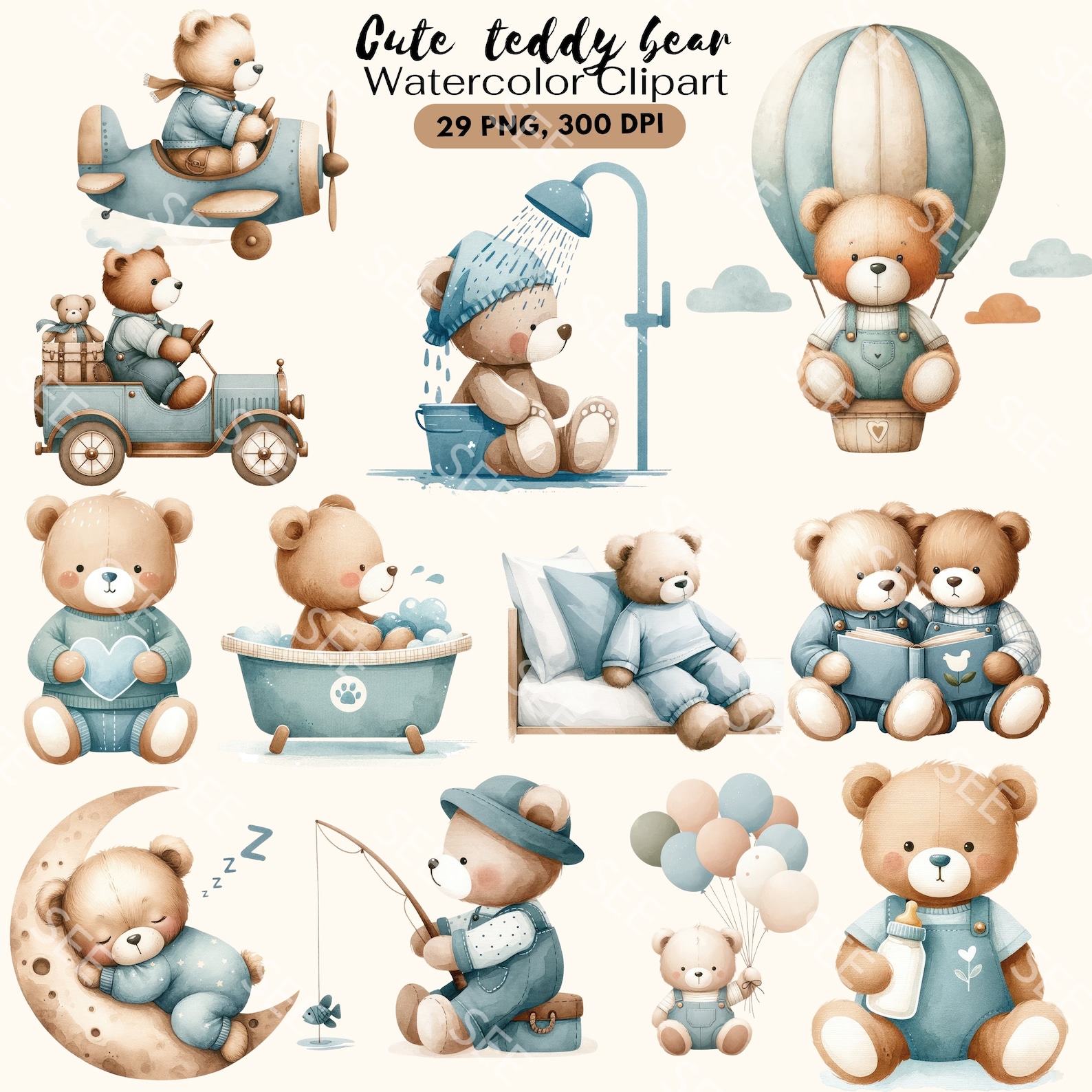 Blue Teddy Bear Clipart Watercolor Clipart, Teddy Bear Clipart, Bear ...