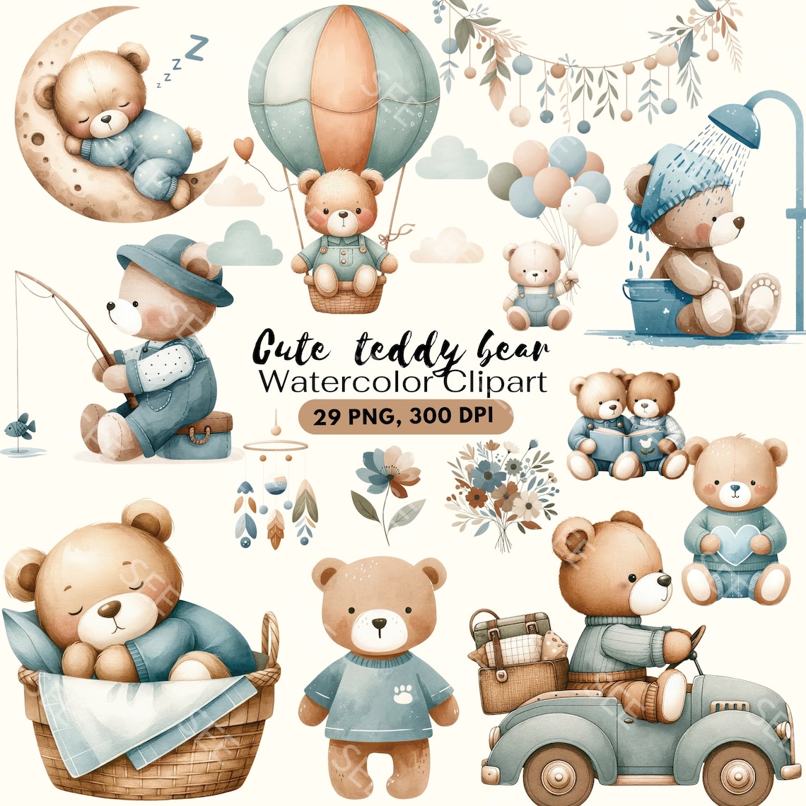 Blue Teddy Bear Clipart Watercolor Clipart, Teddy Bear Clipart, Bear ...