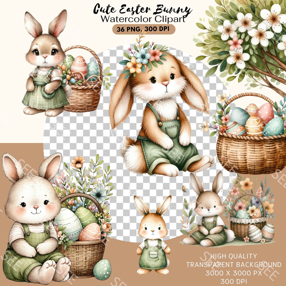 Cute Easter Bunny Clipart, Boho Bunny Clipart, Pastel Watercolor ...