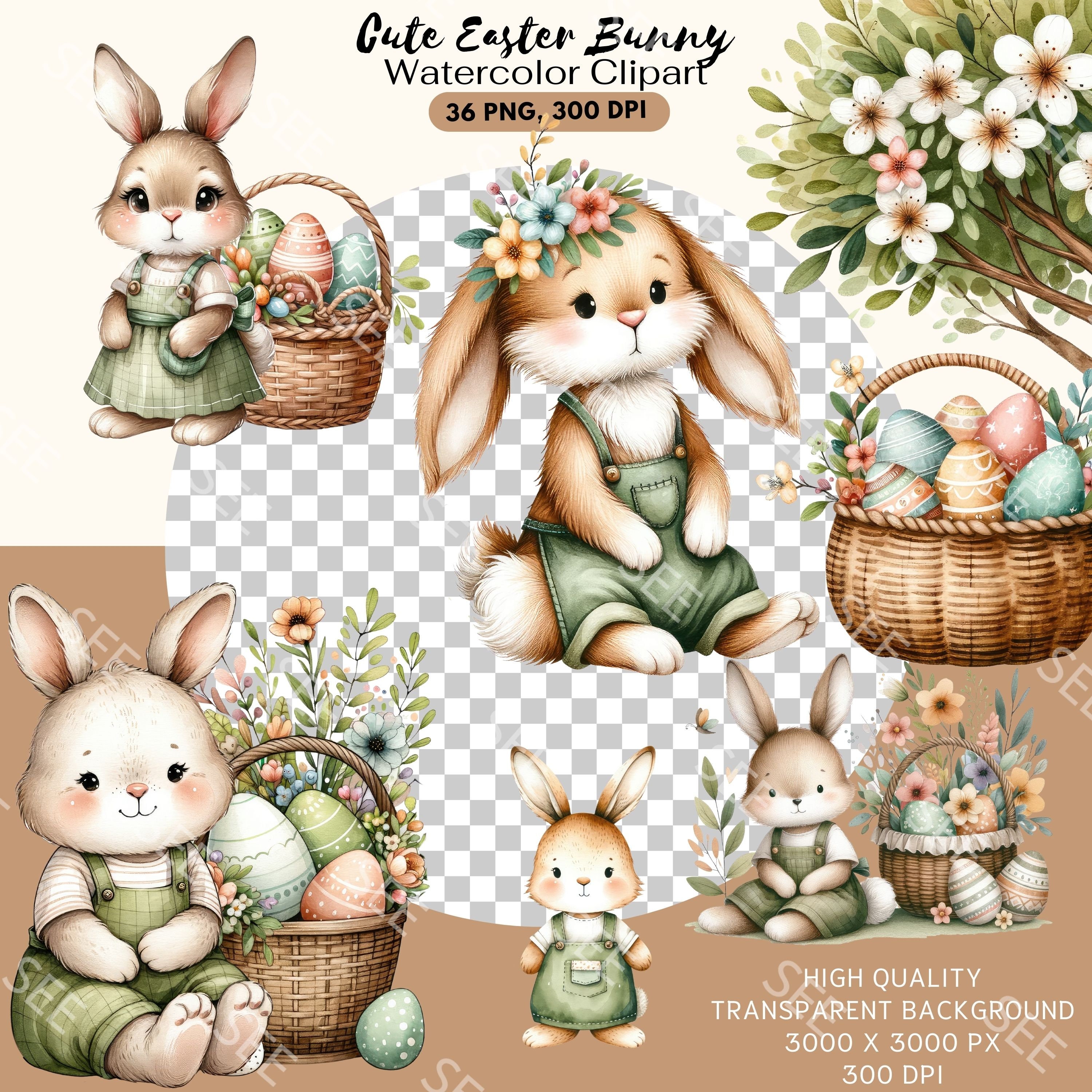 Cute Easter Bunny Clipart, Boho Bunny Clipart, Pastel Watercolor ...