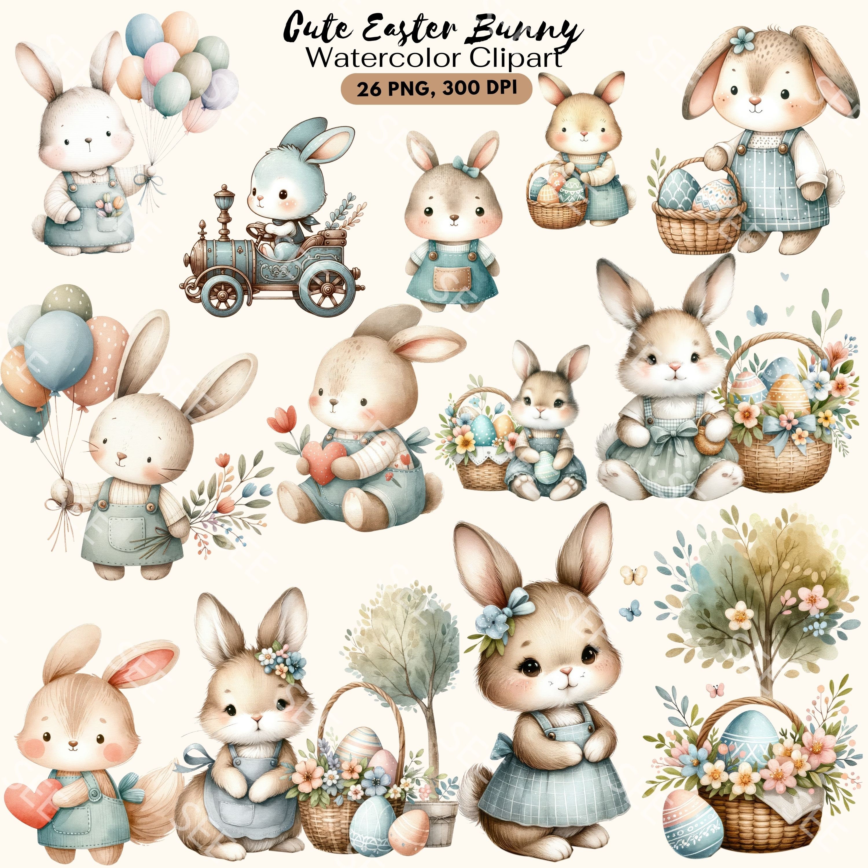 Cute Easter Bunny Clipart, Boho Bunny Clipart, Pastel Watercolor ...