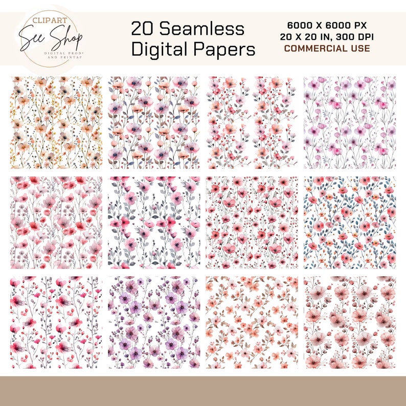 20 Dainty Wildflower Patterns, Wildflower Seamless Patterns Set, Flower ...