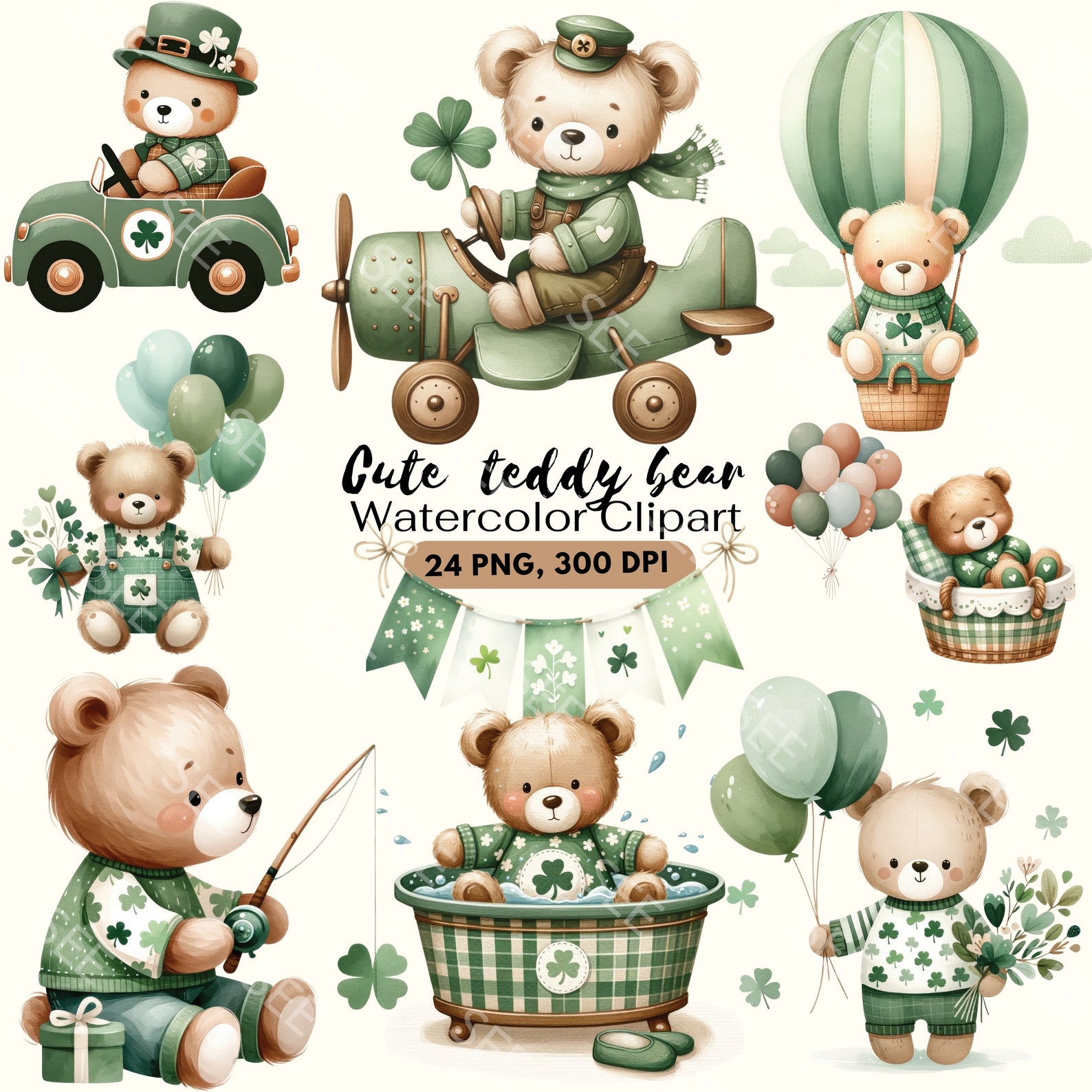 Green Teddy Bear Clipart, Boho Bears, Watercolor Teddy Bear Clipart ...