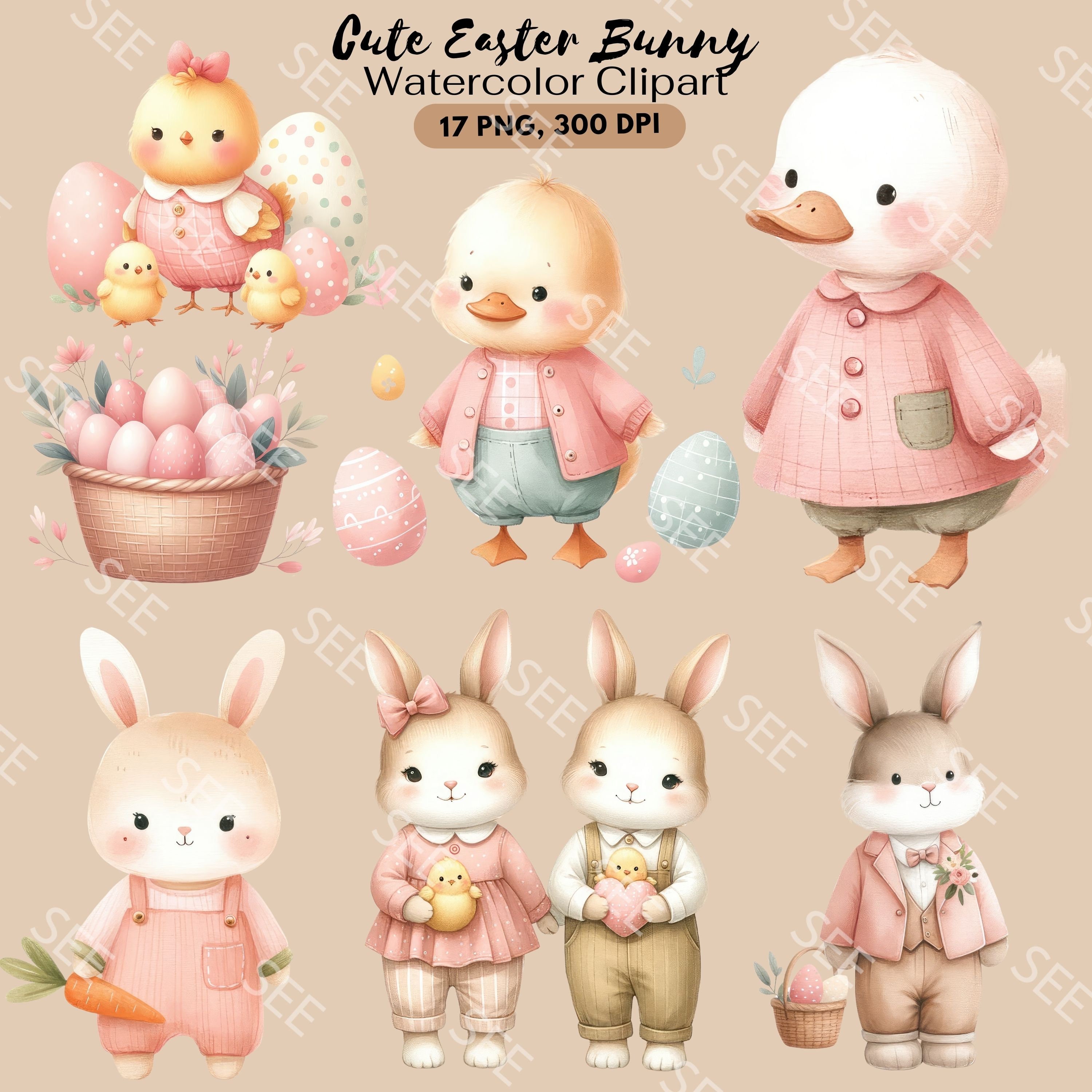 Cute Easter Bunny Clipart, Boho Bunny Clipart, Pastel Watercolor ...