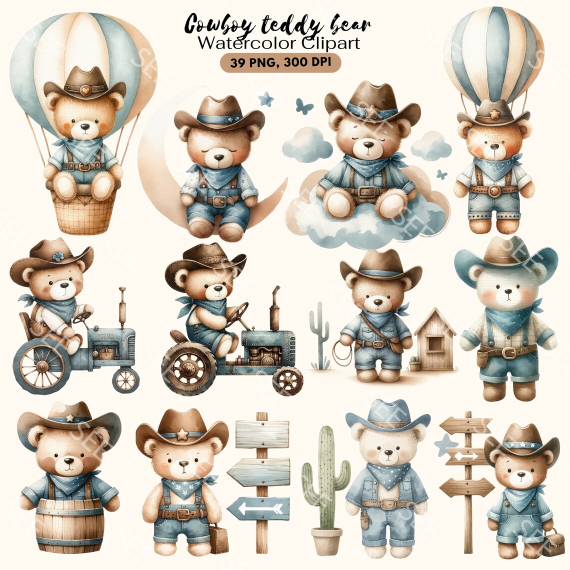 Watercolor Cowboy Teddy Bear Clipart Bundle, Teddy Bear Clipart, Baby ...