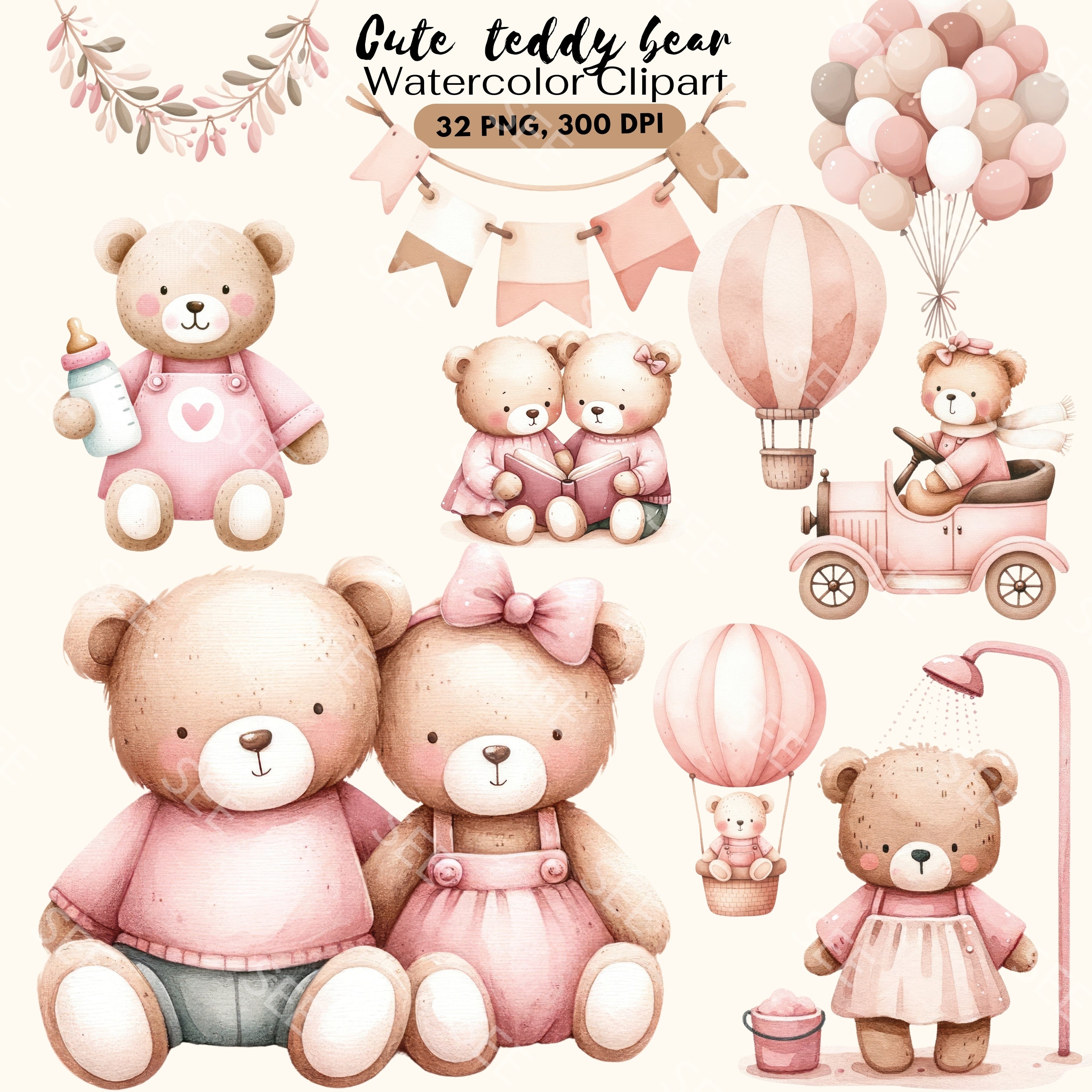 Sweet Baby Girl Teddy Bear Clipart, Watercolor Clipart, Teddy Bear ...