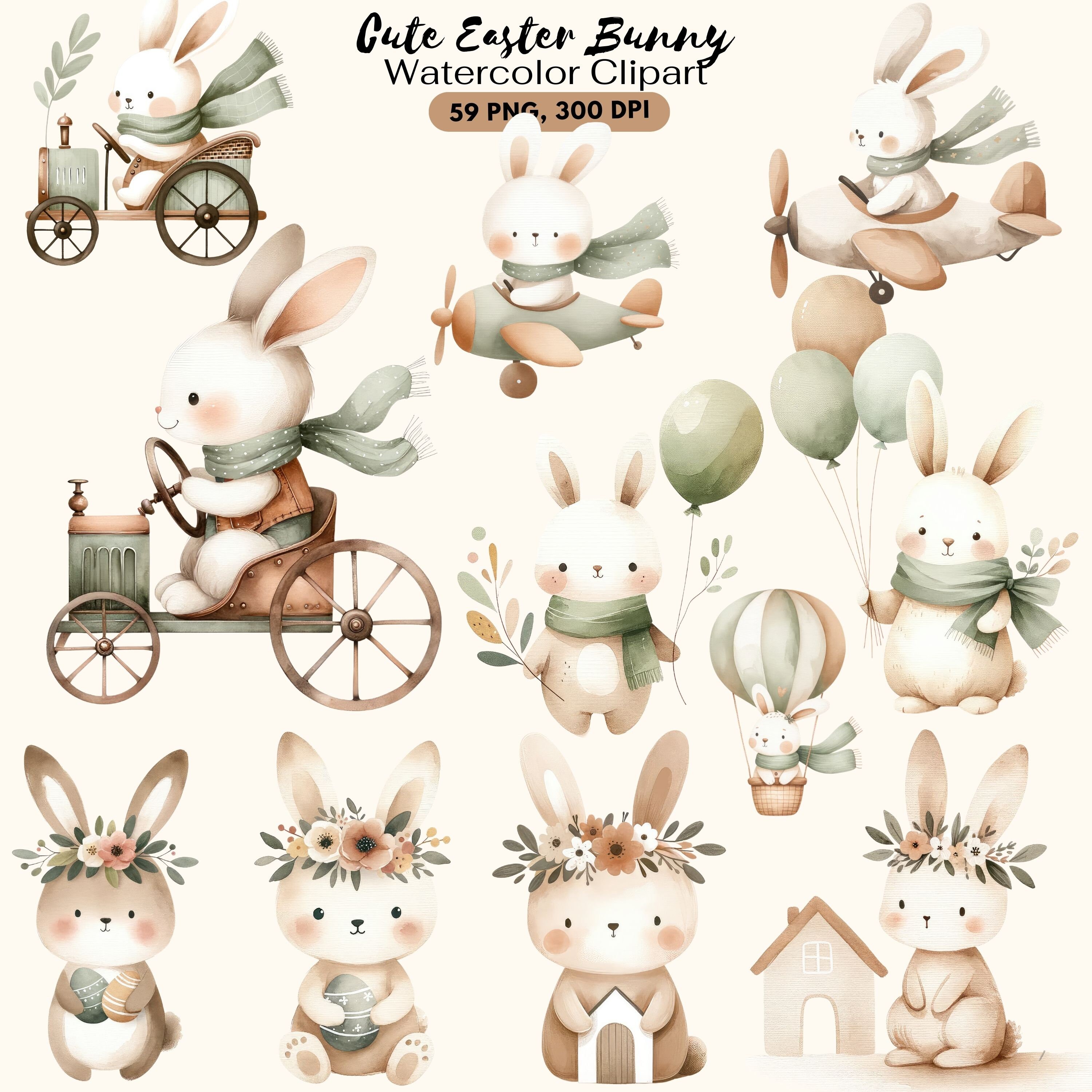 Cute Easter Bunny Clipart, Boho Bunny Clipart, Pastel Watercolor ...