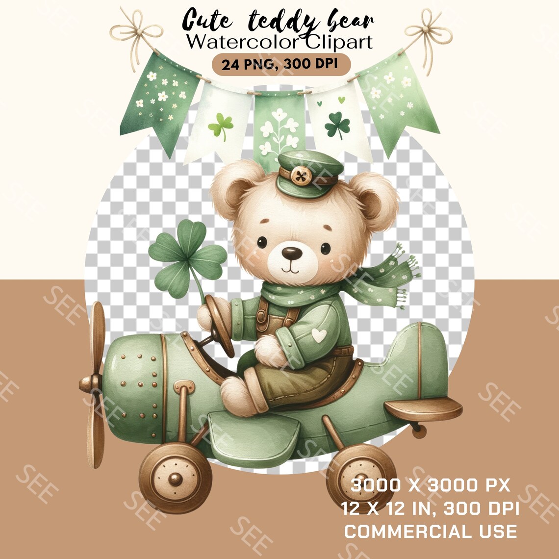 Green Teddy Bear Clipart, Boho Bears, Watercolor Teddy Bear Clipart ...