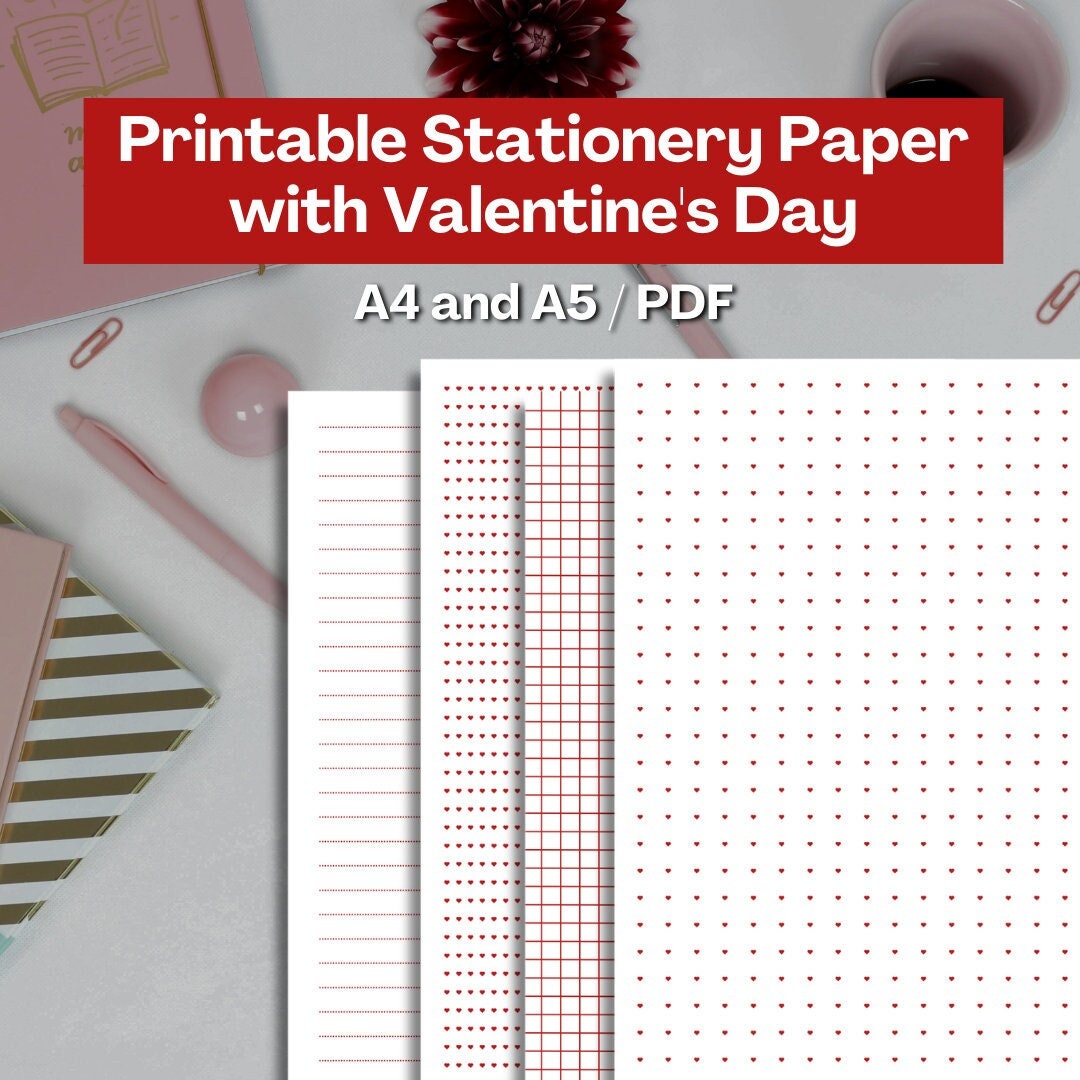 Printable Stationery Paper With Valentine's Day, Lined Note Pages, Half ...