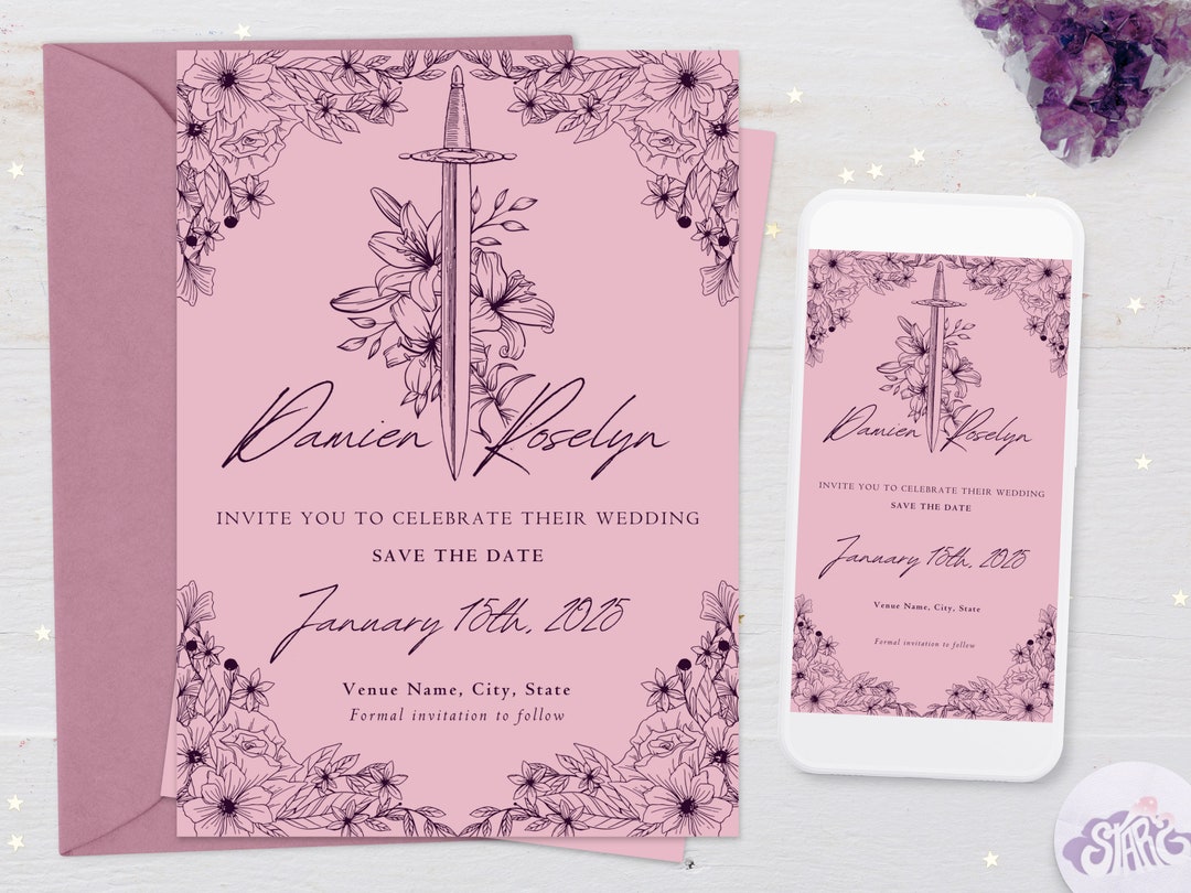 Fantasy Inspired Floral Sword Save the Date Invitation - Mystic Mauve ...