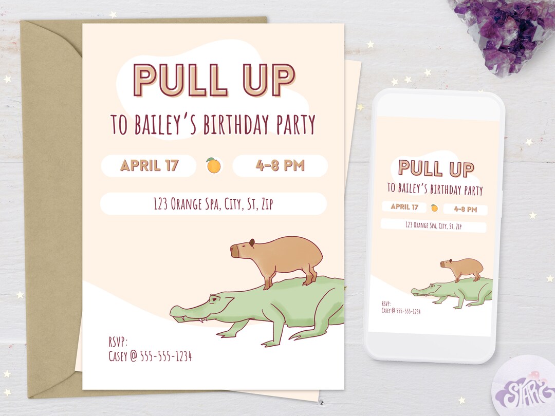 Cute Capybara Birthday Invitation Template Alligator Ride 'pull Up ...