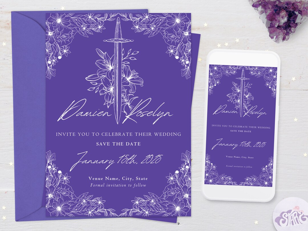 Fantasy Inspired Floral Sword Save the Date Invitation - Magical Purple ...