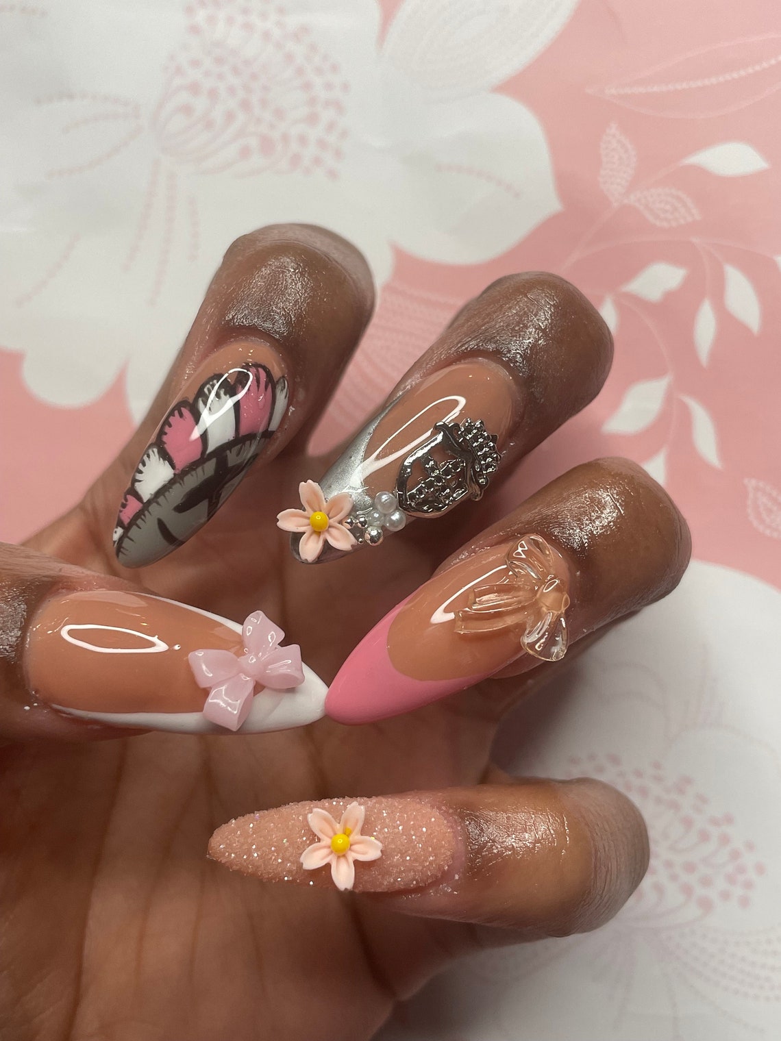 KAWS Flower Nails Bling French Tip Nails Bling Nails Junk Nails Pink ...