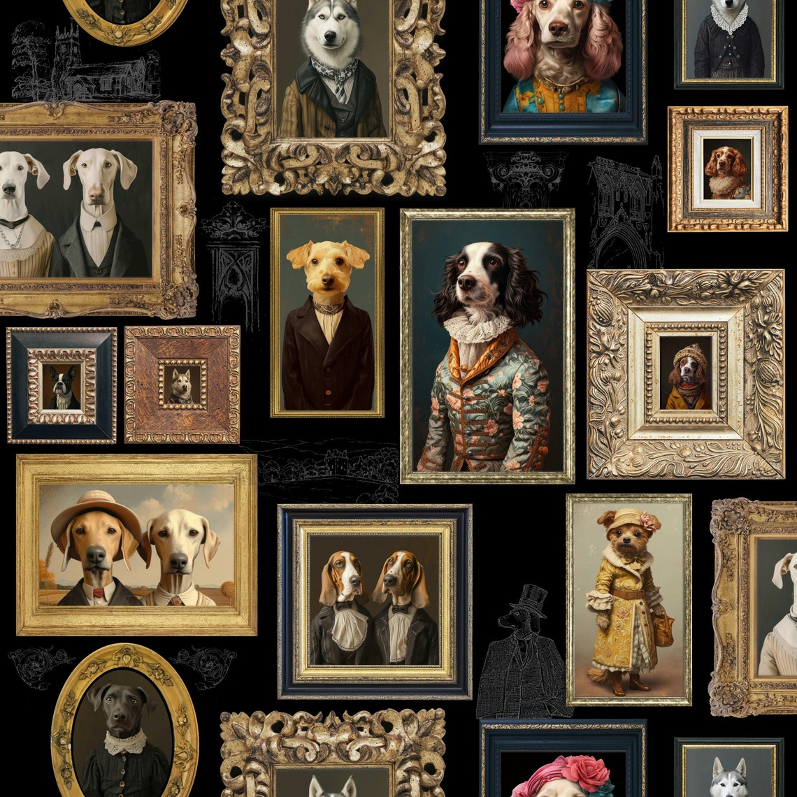 GALLERIA Collection * 10-107 * DOGTON ABBEY on Black * 24x24 Repeat ...