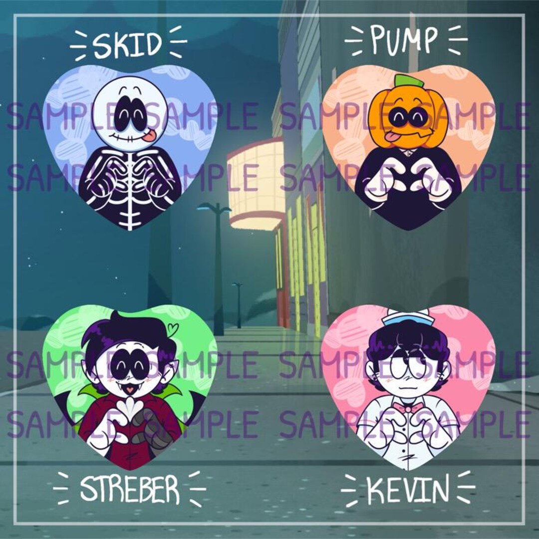Skid, Pump, Streber, and Kevin Heart Pins - 2" Button Pins W ...