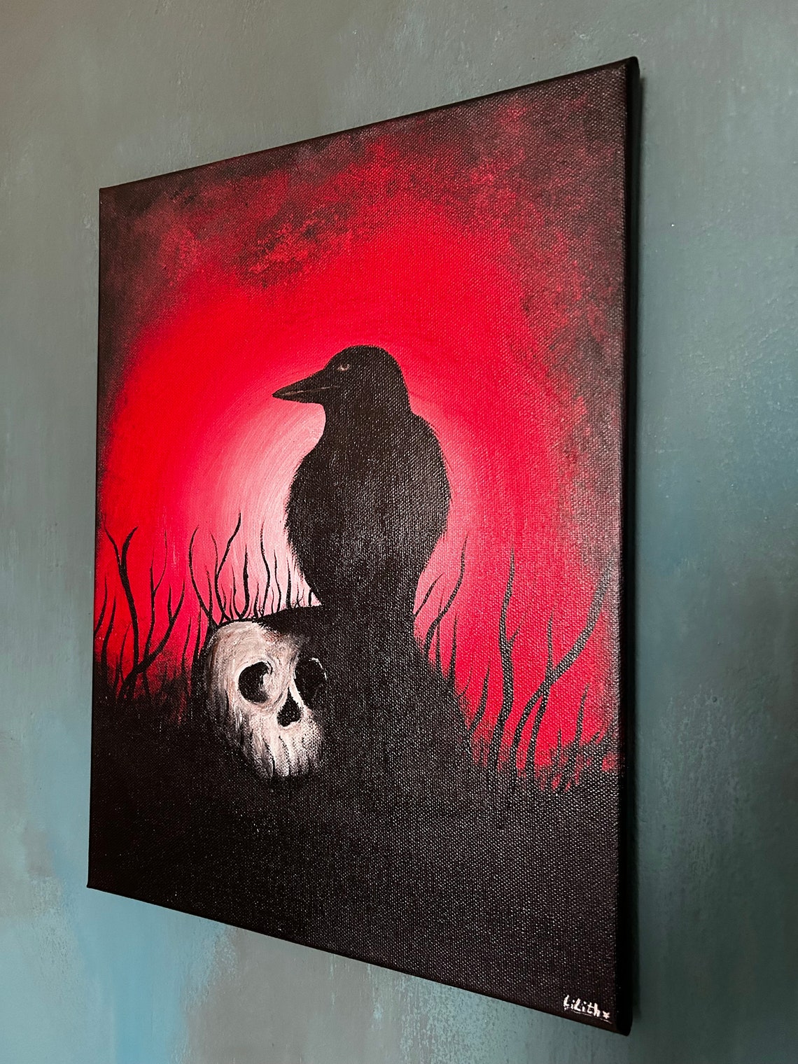 GOTH CROW ACRYLIC Painting Hand-painted on a Canvas Gothic Wall ...