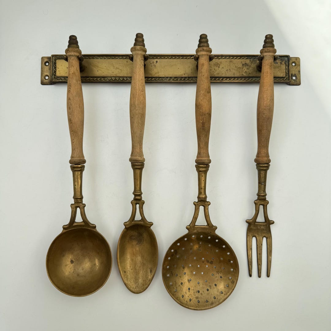 Set of 4 Vintage Brass Kitchen Utensils – Wooden Handles & Wall Hanger ...