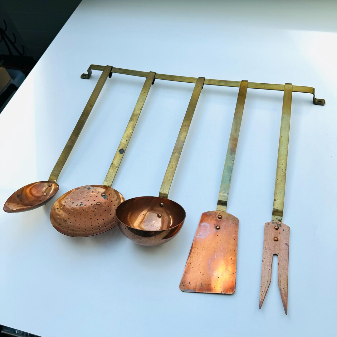 Vintage Copper Kitchen Utensil Set – 5 Utensils With Brass Handles and ...