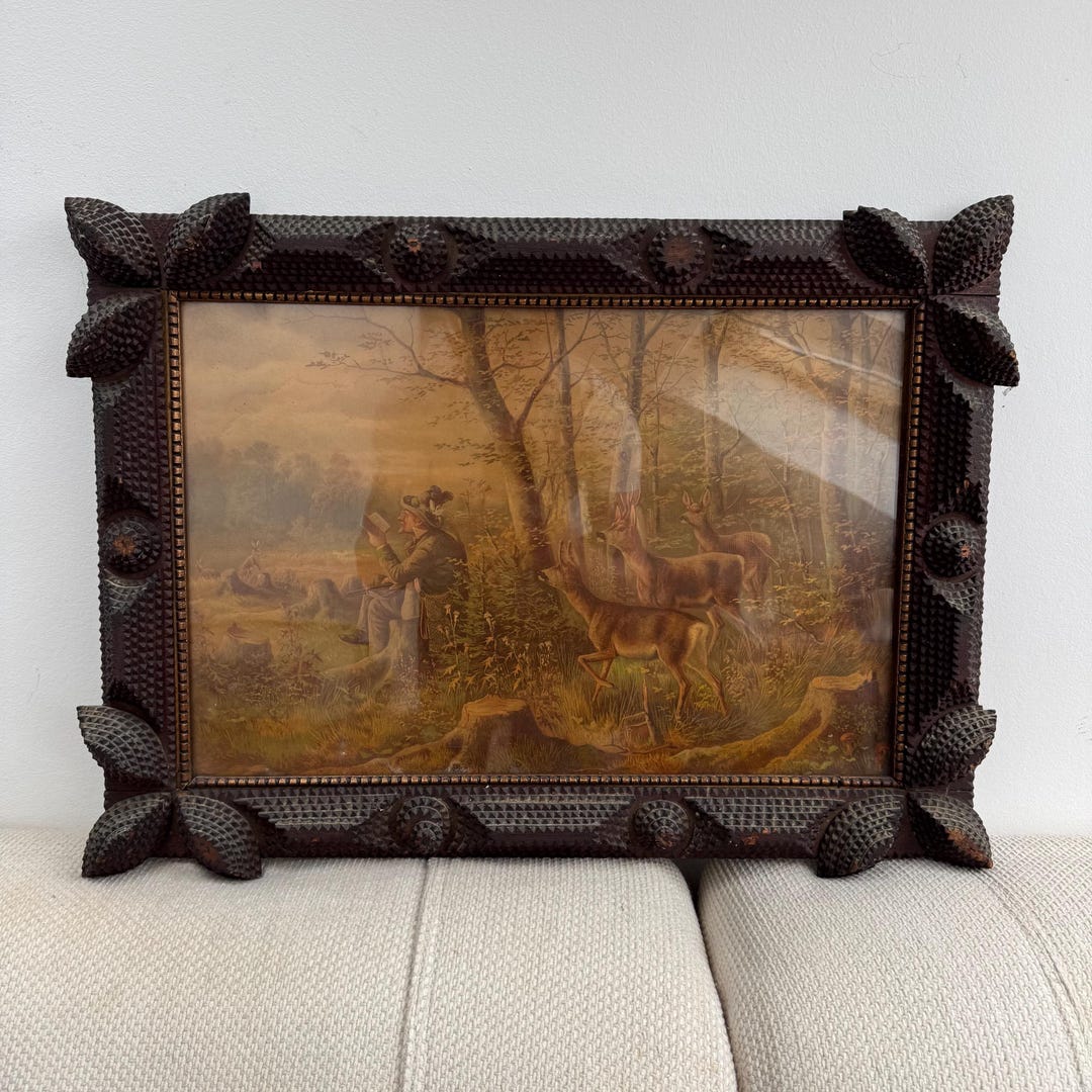 Antique Tramp Art Picture Frame With Vintage Print – Rustic Folk Art (c ...
