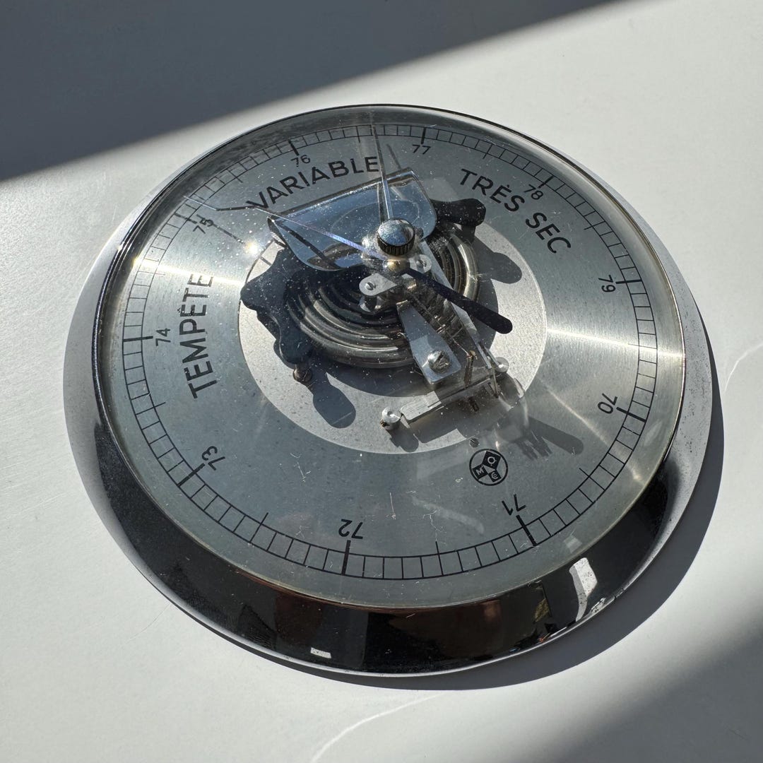 Vintage Silver Toned Barometer by MOC: Visible Mechanism, Convex Glass ...