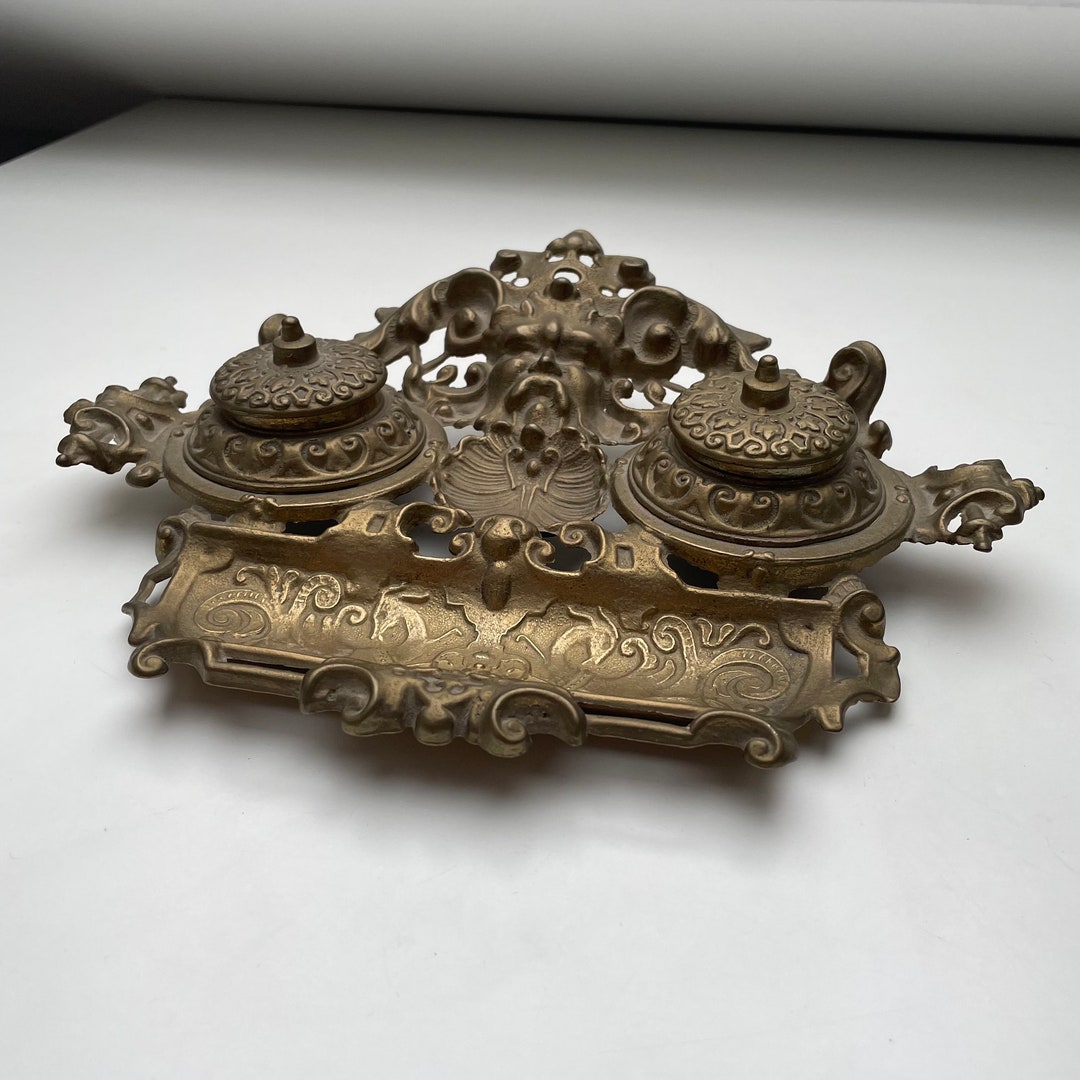 Victorian Style Brass Ink Well With Pen Tray - Etsy