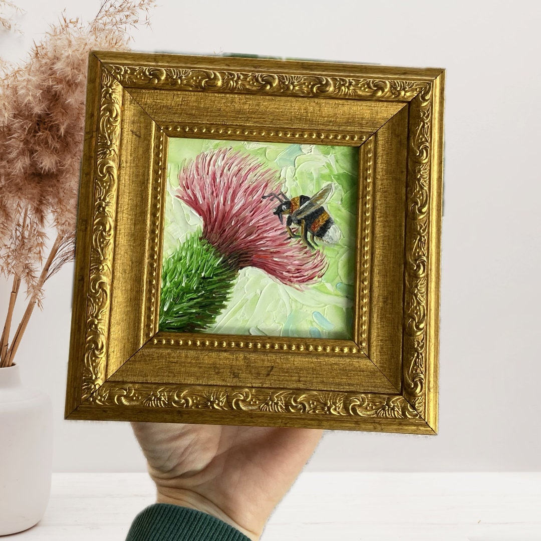 Original Oilpaint Flowers, 4x4 Thistle Oilpaint Flower, Bumblebee Mini ...