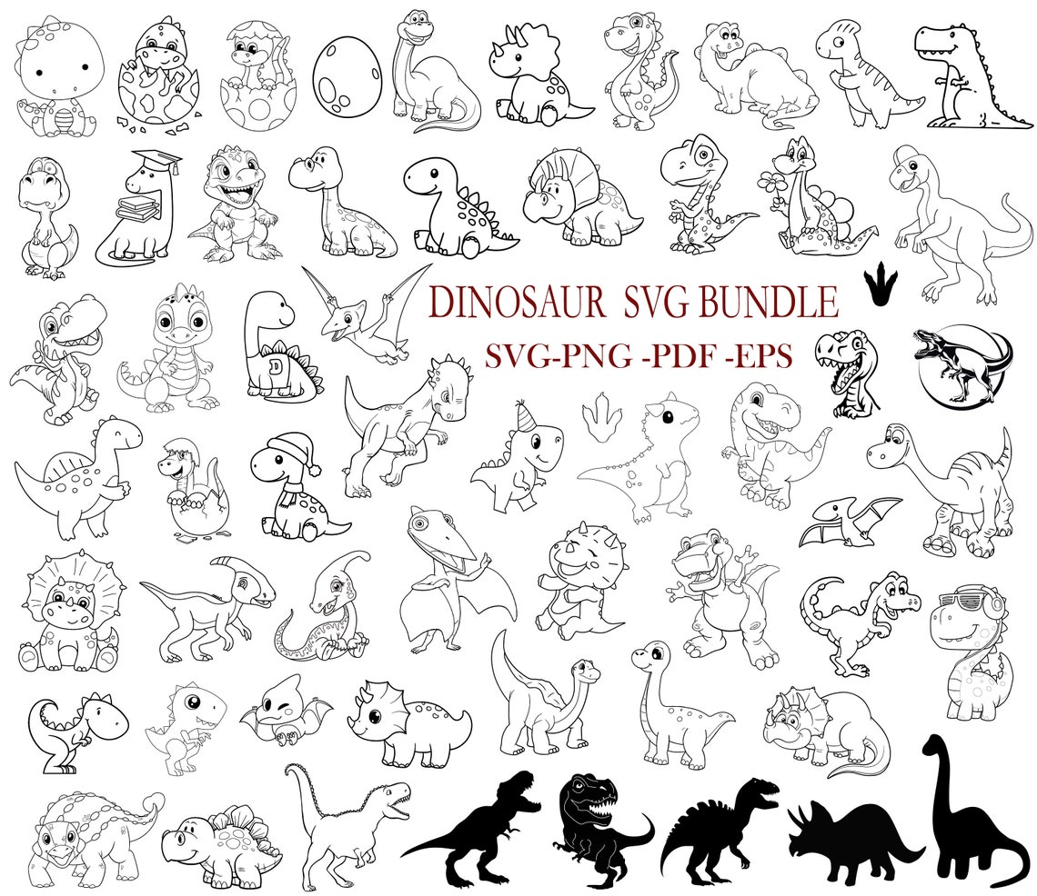 Dinosaur Svg,cute Dinosaurs, Doodle Dinosaurs, Digital Stamps, Coloring ...