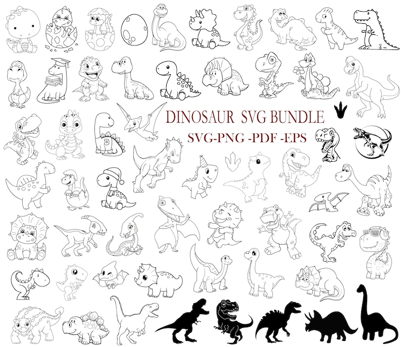 Dinosaur Svg,cute Dinosaurs, Doodle Dinosaurs, Digital Stamps, Coloring ...