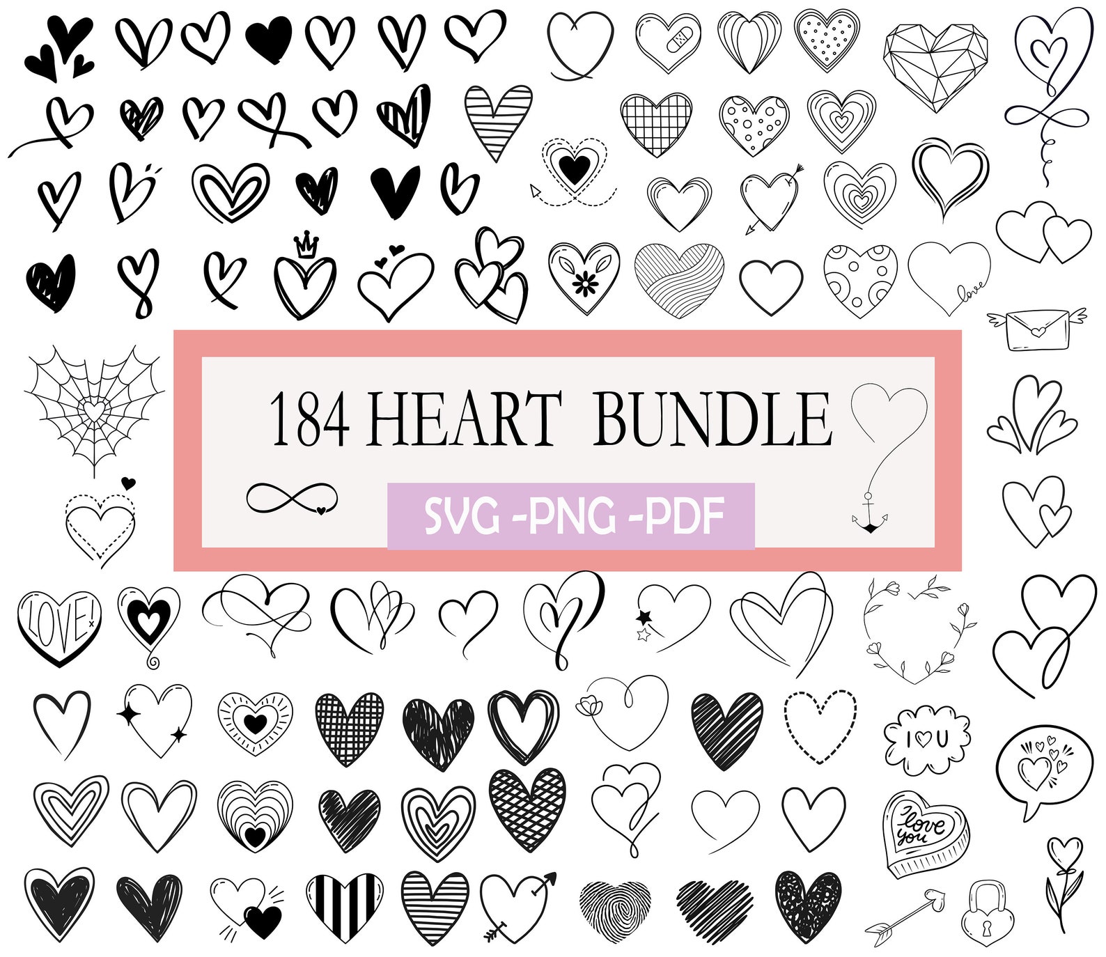 HEART Bundel SVG, HEART Doodle Svg, Heart Svg Cut Files for Cricut, Heart Clipart, Hand Drawn ...