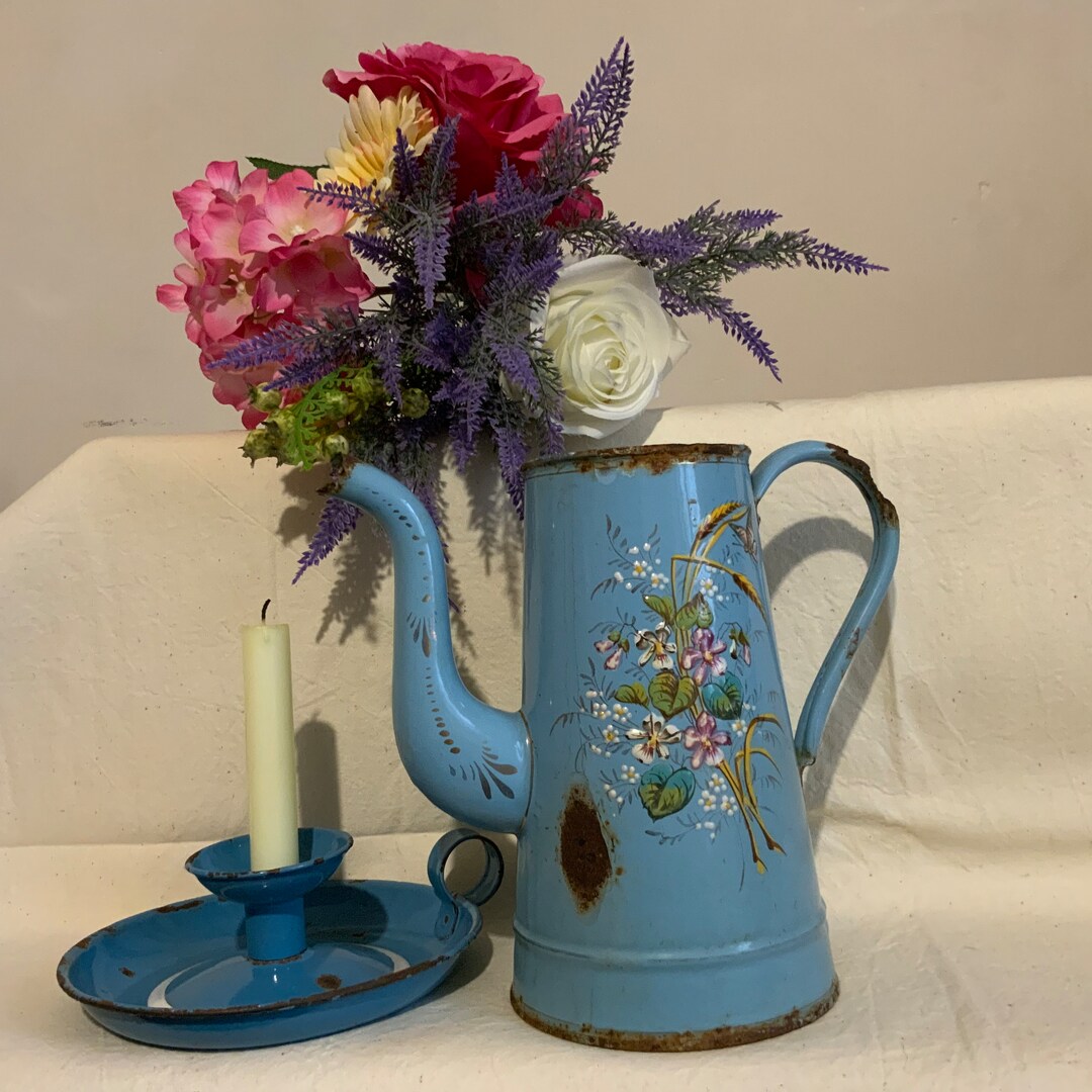 French Graniteware Blue Coffee Pot With Raised Flowers - Etsy